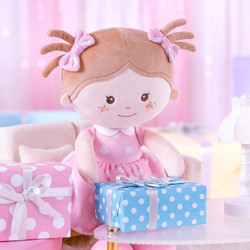Onetoo Plush Rag Doll Sleeping Cuddle Buddy Doll Soft Baby Doll for Girls First Baby Doll Wear Pink Skirt Dress 14"(Milly Series)