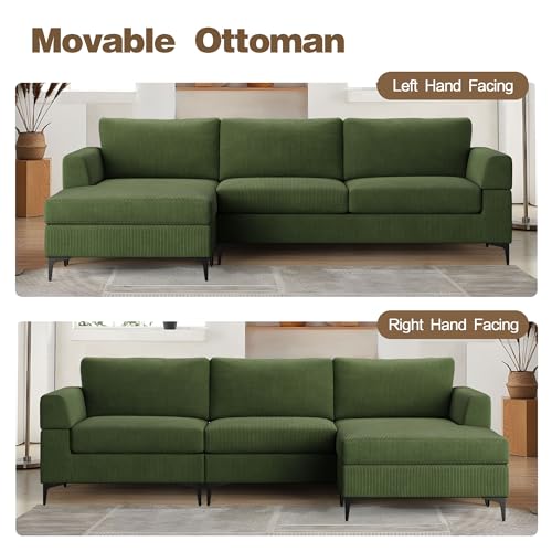 CAODOC 96" Sectional Sofa, Corduroy Fabric Modern Reversible Couch, L Shaped 3-Seat Sofa Couch with Chaise for Living Room, Green