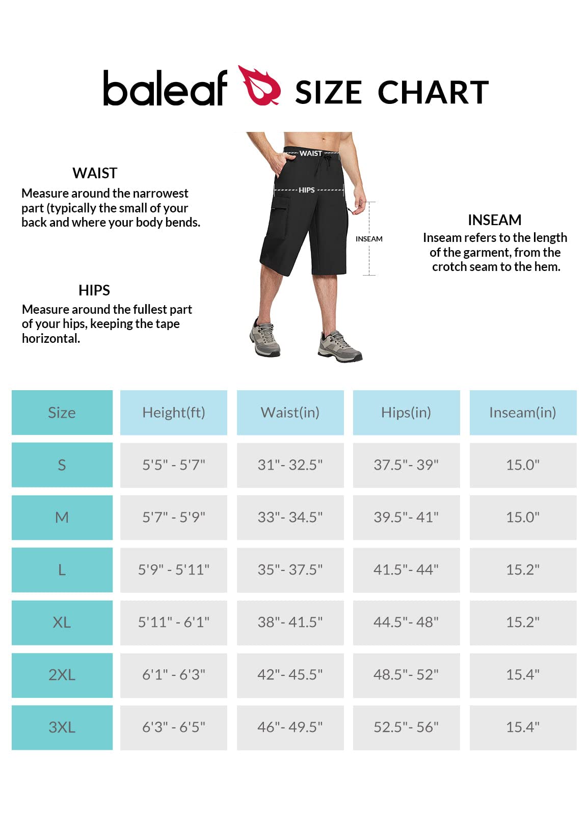 BALEAF Men's Long Shorts Below Knee 15" Capri Pants Hiking Cargo Pockets Quick Dry Lightweight Elastic Waistband Gym Black 2XL