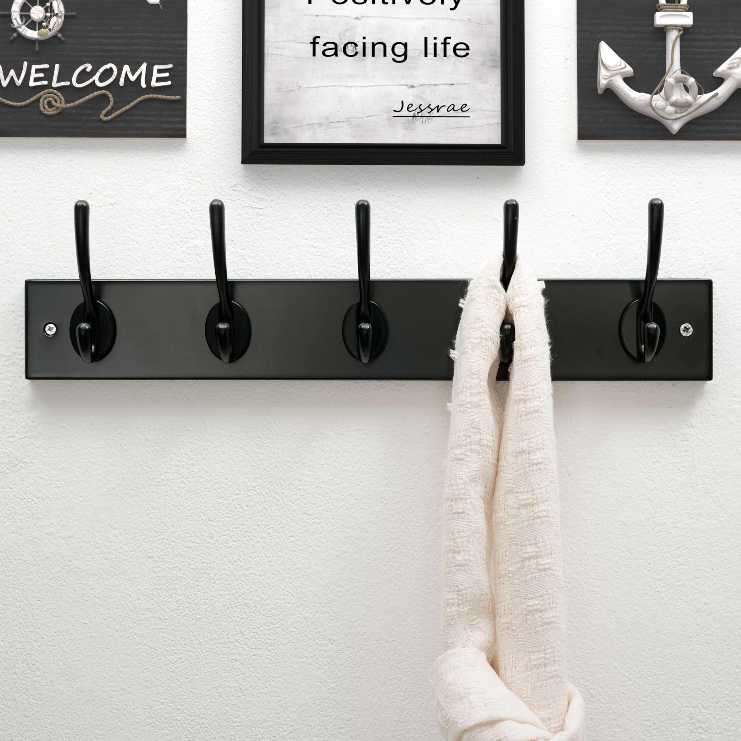 Dseap Wall Mounted Coat Rack: 16" Hole to Hole, Coat Hook Hanger with 5 Metal Hooks for Hanging Coats Towels Hats Clothes, Black