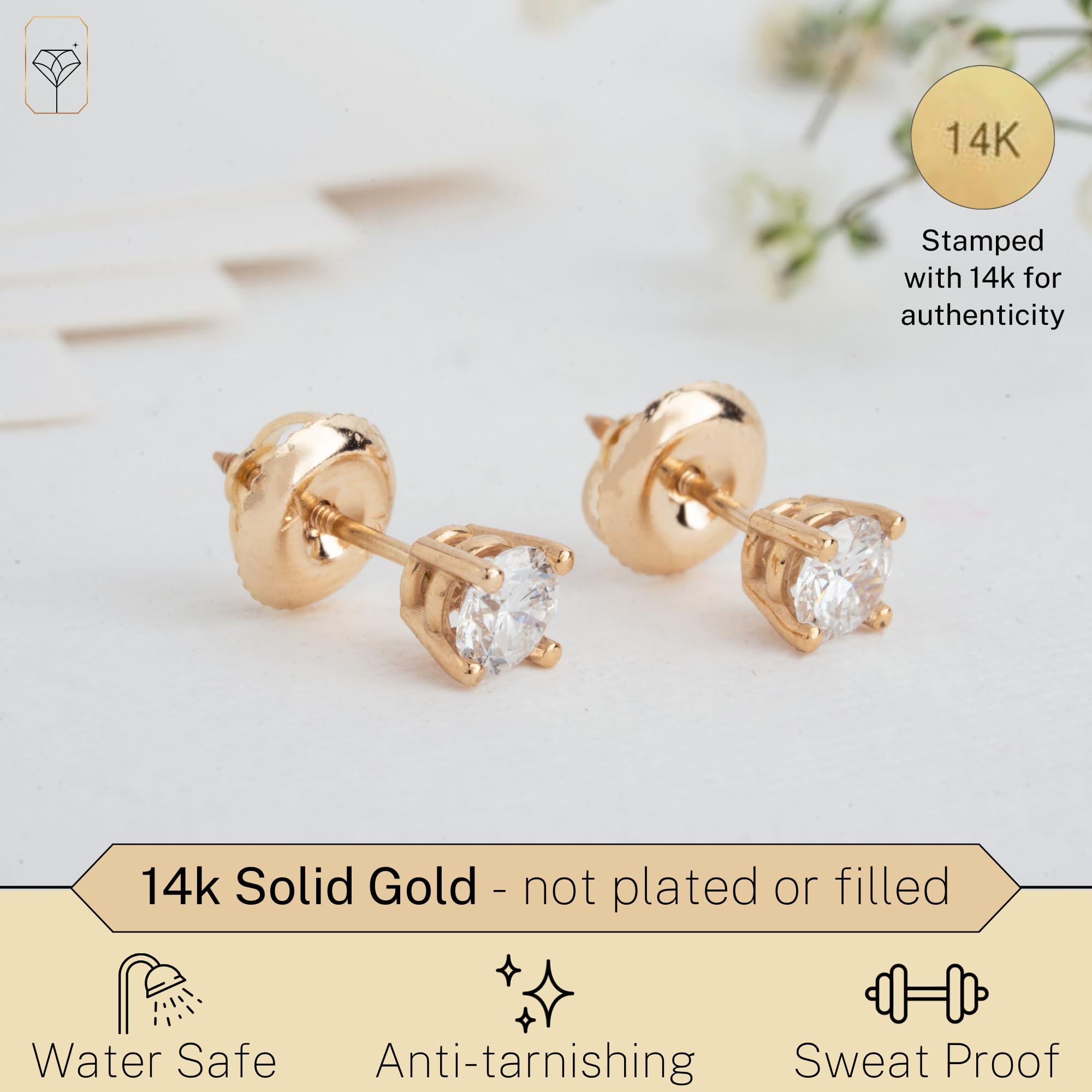 MAX + STONE IGI Certified 1/2 Carat Lab Grown Diamond Stud Earrings in 14k Real Yellow Gold with 4-Prong Setting