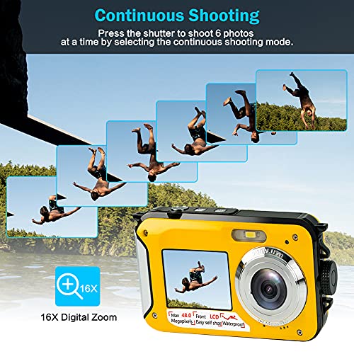 S & P Safe and Perfect Underwater Camera, Waterproof Camera Full HD 2.7K 48MP Waterproof Camera Digital with Dual Screen, 16X Digital Zoom and Self-Timer Yellow