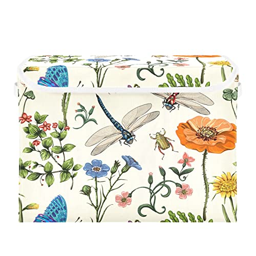 Blueangle Vintage Dragonfly and Flower Storage Bins with Lids, 16.5 x 12.6 x 11.8 in, Large Collapsible Organizer Storage Basket for Home Office DĂŠcorďź25ďź