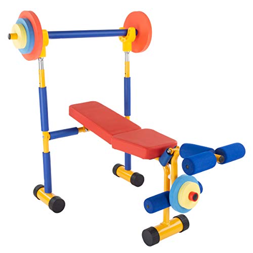 Hey! Play! Toy Bench and Leg Press – Children’s Play Workout Equipment for Beginner Exercise, Weightlifting, Powerlifting - for Boys and Girls, Brown (80-SH-04)