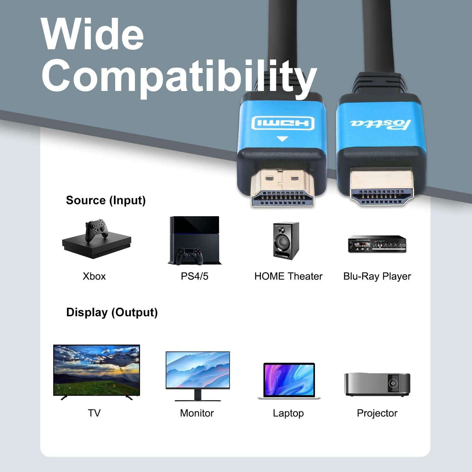Postta HDMI 2.0V Cable(50 Feet) Support 4K 2160P,1080P,3D,Audio Return and Ethernet - 1 Pack(Blue)