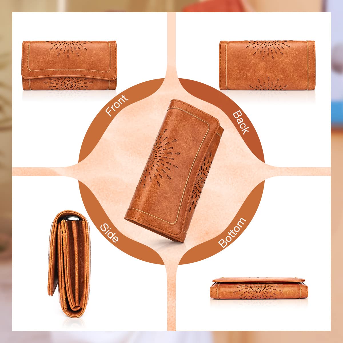 APHISON Womens Wallets RFID Blocking PU Leather Clutch Long Wallet for Women Card Holder Phone Organizer Ladies Travel Purse Hollow Out Sunflower Design Gift Box 2214 Brown