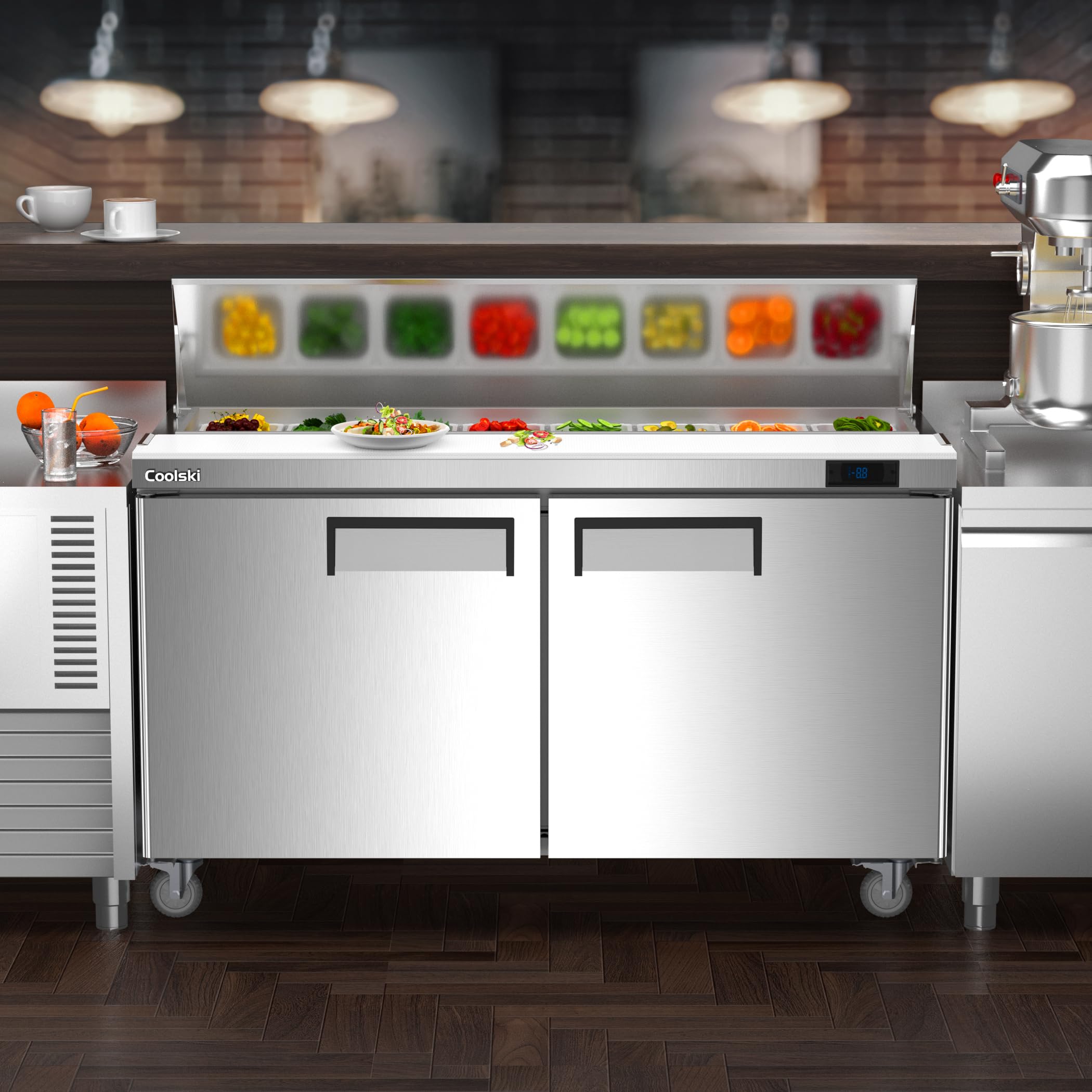 Coolski 60ββ W 2 Door Commercial Refrigerator, Refrigerated Sandwich Salad Prep Table with 16 Pans/Mega Top/Cutting Board, 18 Cu.Ft. Large Capacity Stainless Steel ETL NSF Approved