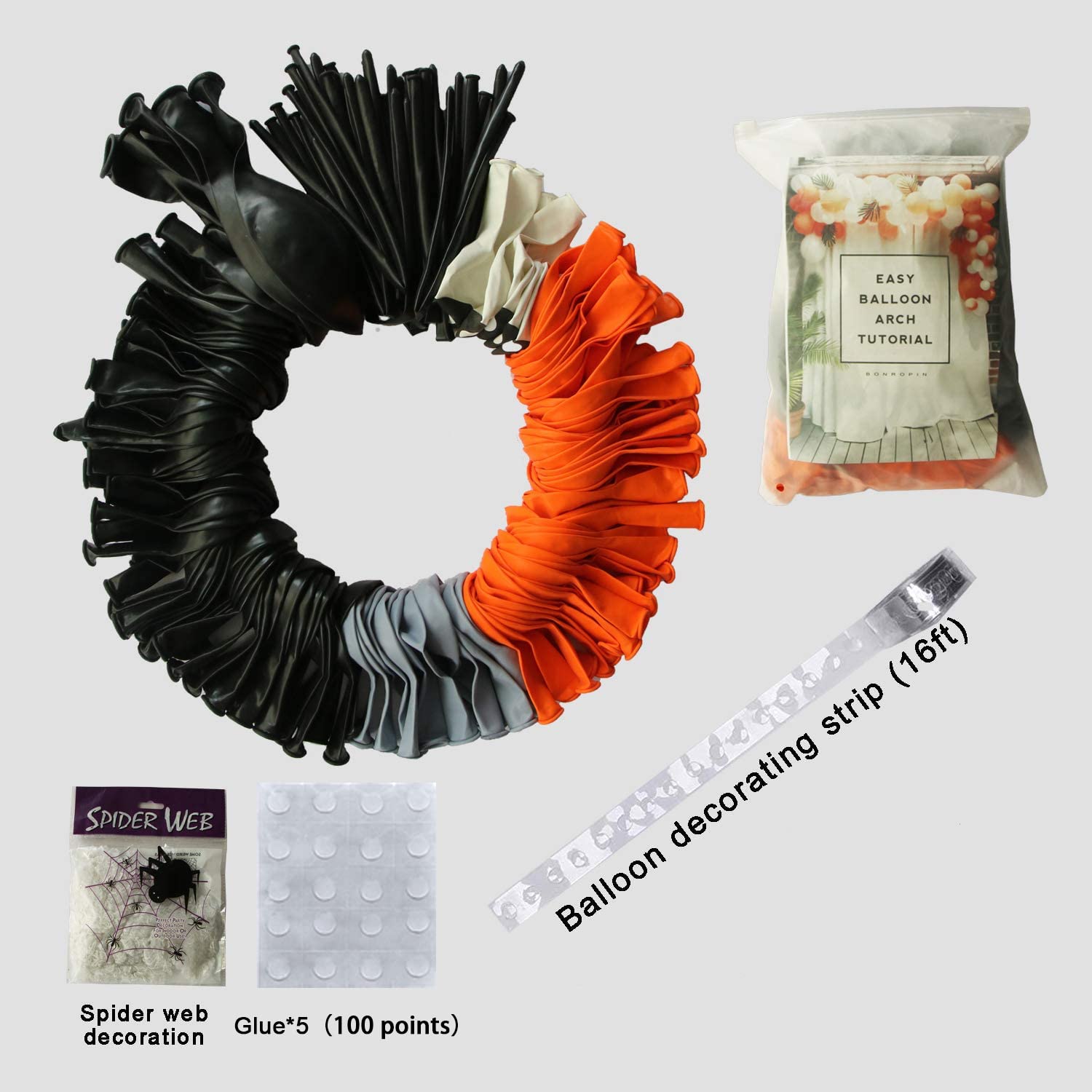 BONROPIN Halloween Balloon Garland Arch kit with Halloween Spider Web Black Orange Gray Balloons Spider Balloons for Halloween Day Party Decorations