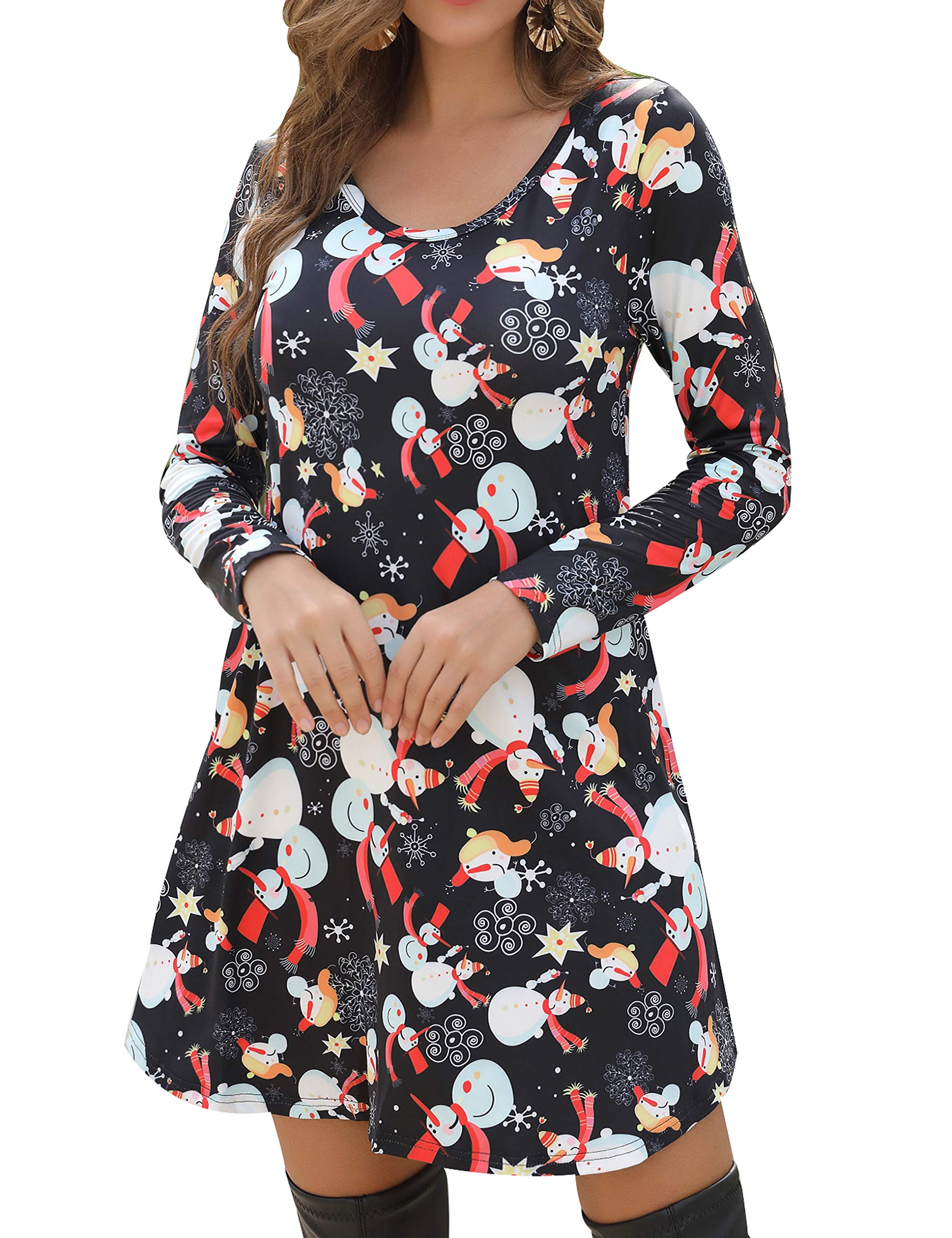 Aphratti Women's Long Sleeve Christmas Tunic Party Short Dress Scoop Neck Printed holiday dresses for women 2024 Black Snowman Large