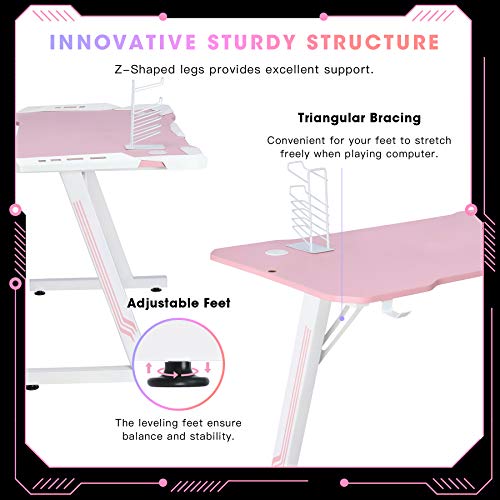 Oryxearth Pink Gaming Desk with LED Lights, 41" Z Shaped RGB Home Gaming Computer Desk Table, Ergonomic PC Workstation with Remote Control, Cup Holder, Handle Rack, Headphone Hook for Office Use