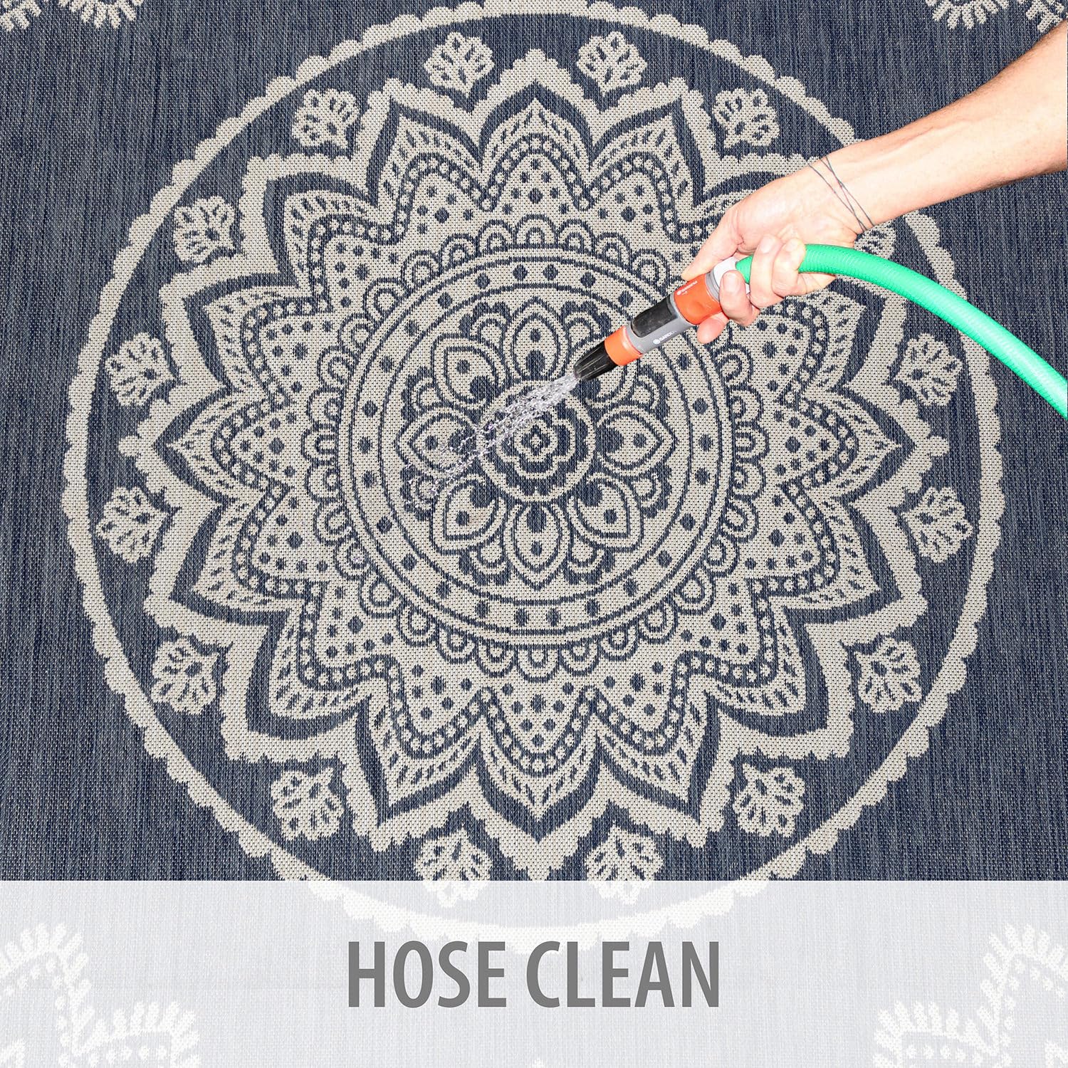 CAMILSON Outdoor Rug - Modern Area Rugs for Indoor and Outdoor patios, Kitchen and Hallway mats - Washable Outside Carpet (5x7, Medallion - Blue/White)