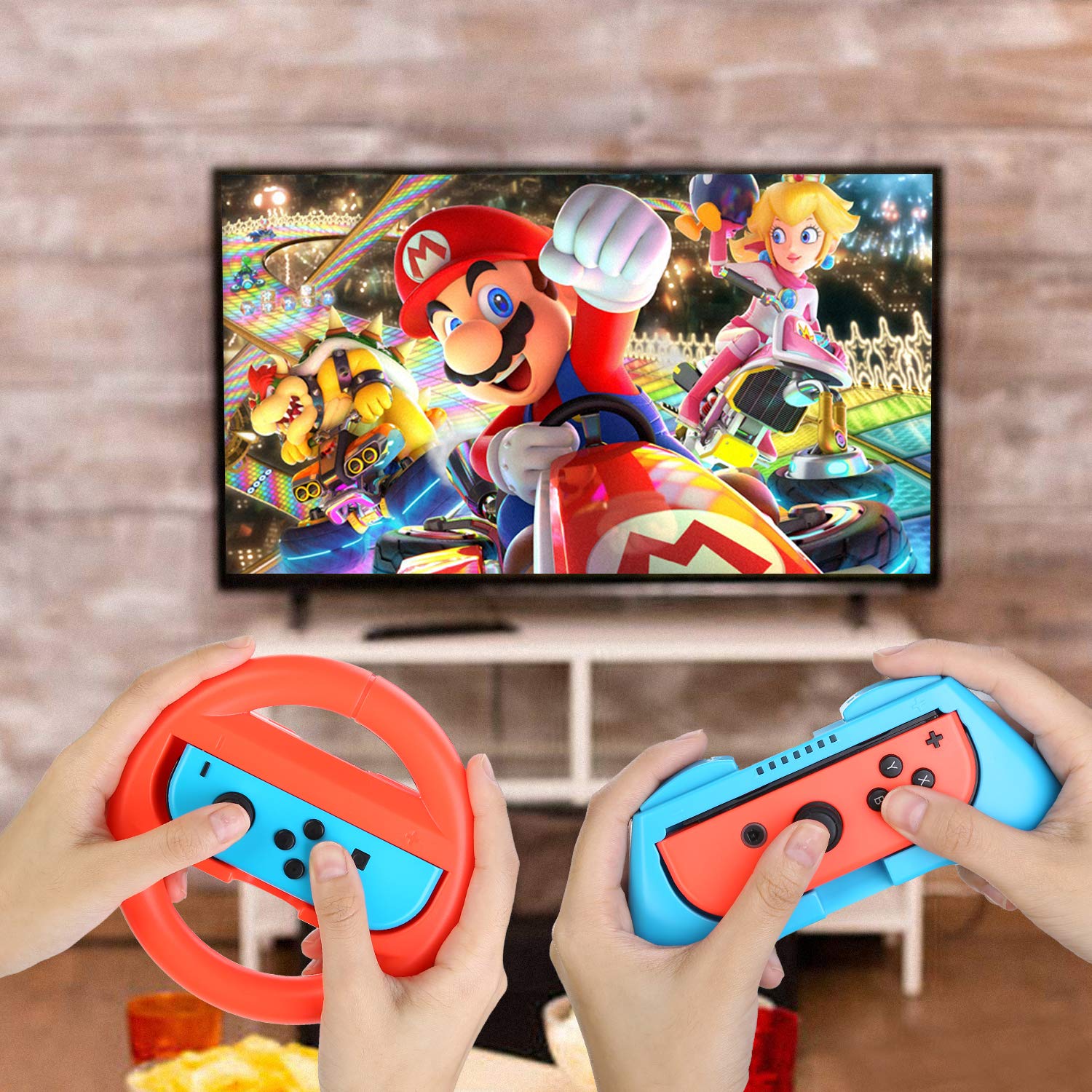 HEYSTOP Wheel Controller for Nintendo Switch & Switch OLED Model 2021 (4 Pack) Joy Con Controller Grip and Switch Steering Wheel for Mario Kart (Red&Blue)