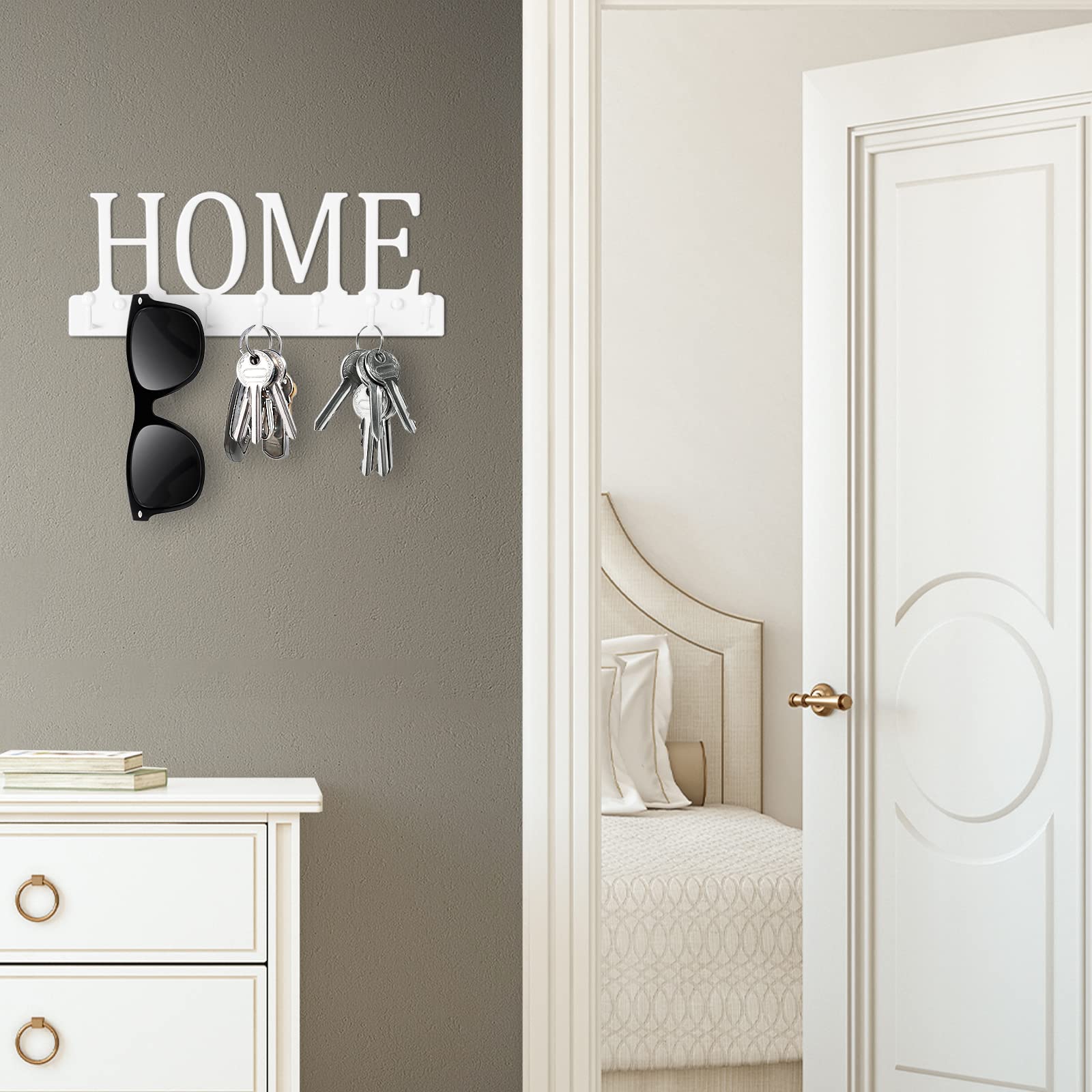 HLWDFLZ Key Holder for Wall - Wall Mounted Key Hangers with 7 Key Hooks, Wall Decorative Organizer Rack for Entryway Mudroom Front Door Kitchen Hallway Office 10 X 4 inches (White Home)