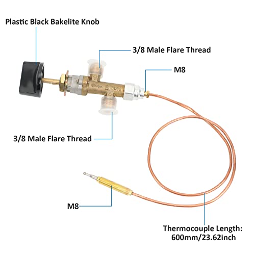 ATKKE Low Pressure LPG Propane Gas Fireplace Fire Pit Flame Failure Safety Control Valve Kit, Low Pressure Propane Valve Replacement Part with Thermocouple Knob, 3/8ββ Flare Inlet&Outlet