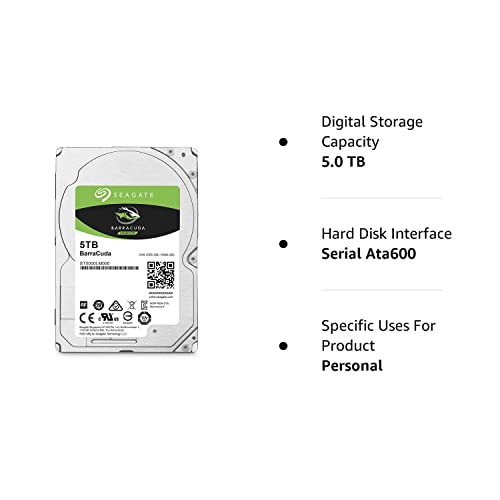 SAEGATE BarraCuda Internal Hard Drive 5TB SATA 6Gb/s 128MB Cache 2.5-Inch 15mm (ST5000LM000) (Renewed)