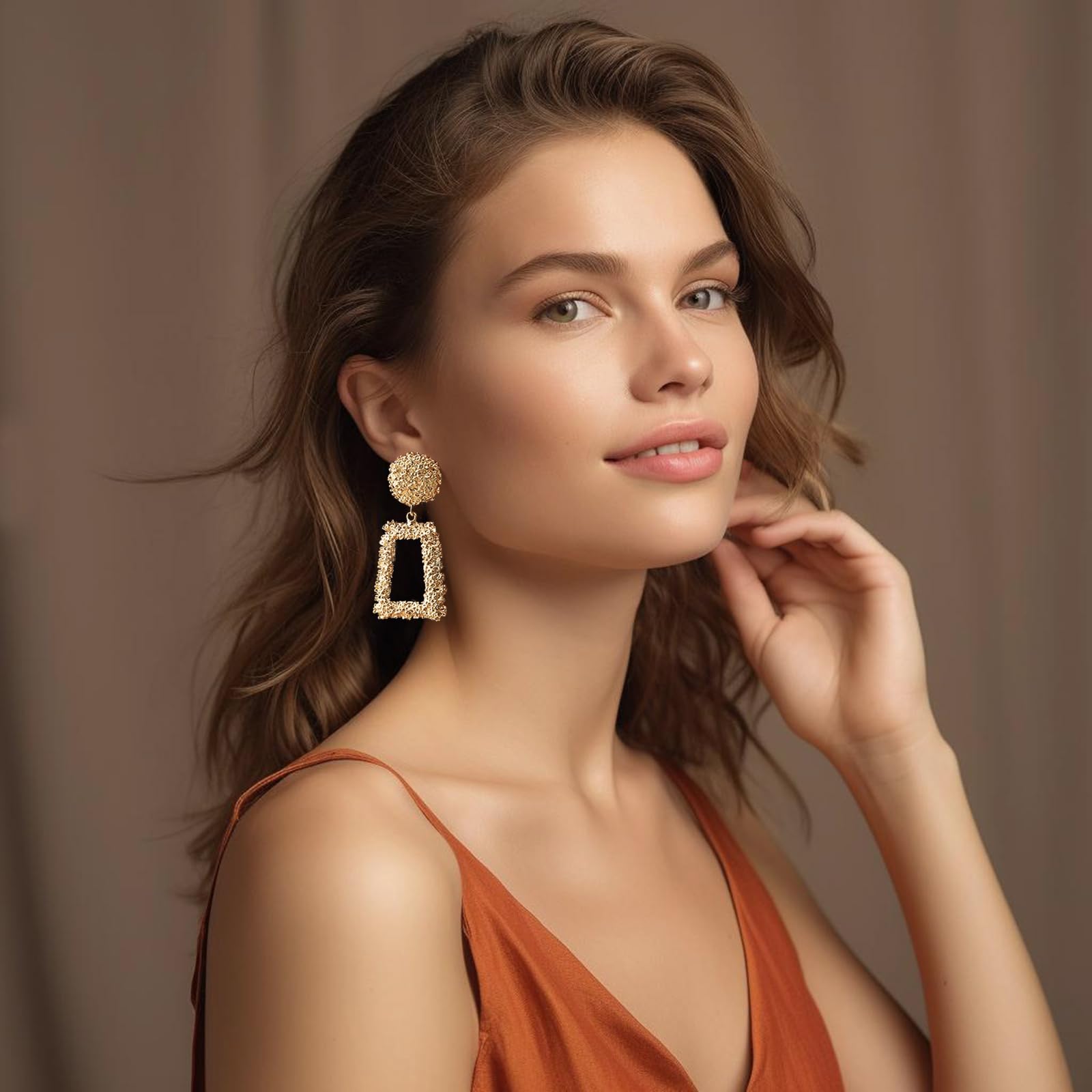 ATIMIGO Gold Statement Drop Earrings Metal Rectangle Geometric Dangle Earrings for Women
