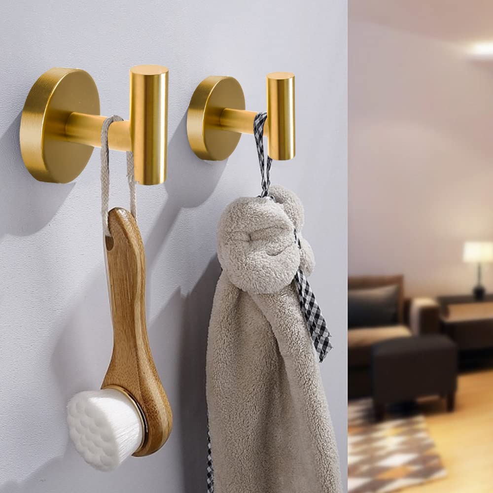 Vuzvuv 2 Pack Gold Towel Hook for Wall Modern Bathroom Kitchen Coat Robe Clothes Hook for Wall Holder Waterproof Brushed Gold SUS304 Stainless Steel Hooks