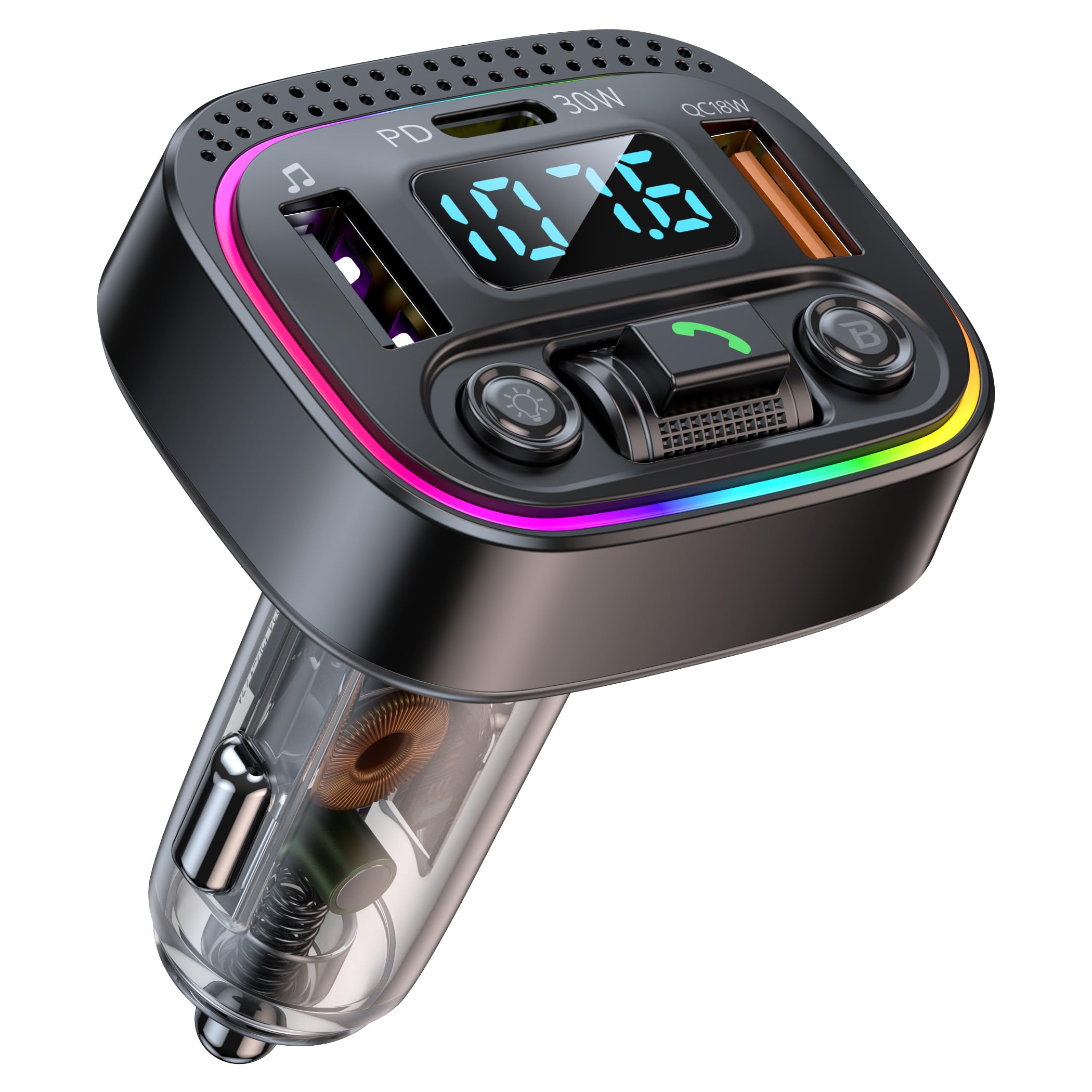 Bluetooth FM Transmitter for Car, Wireless Radio Adapter MP3 Player Stereo Music Hands Free Car Kit, USB C Car Charger for iPhone Samsung Cell Phone, PD 24W & 5V/2.4A, Support TF Card/U Disk (Black)