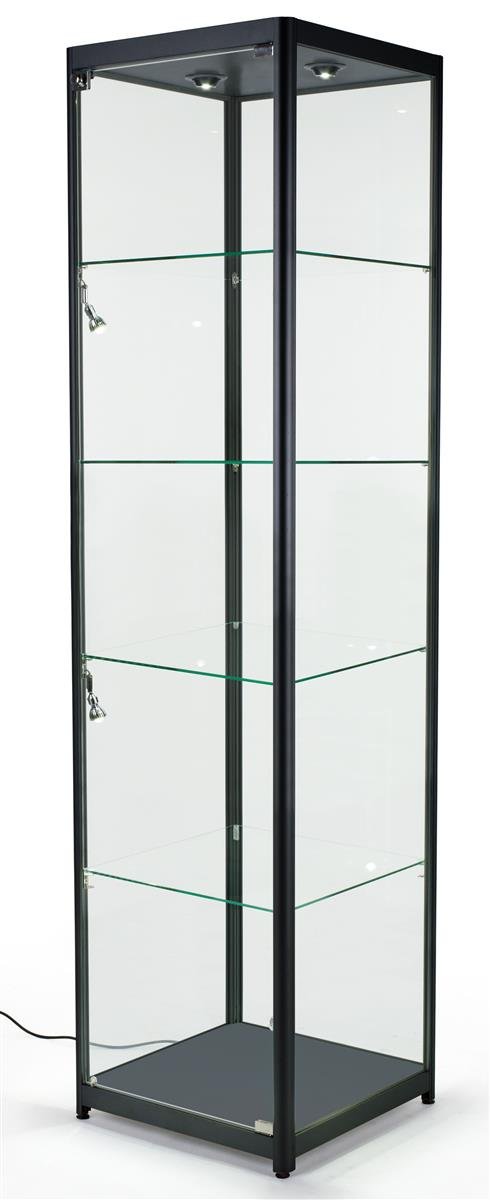 Displays2go Glass Showcase Towers, Tempered Glass Shelves, LED Lighting – Clear, Black (LESC5578BK)