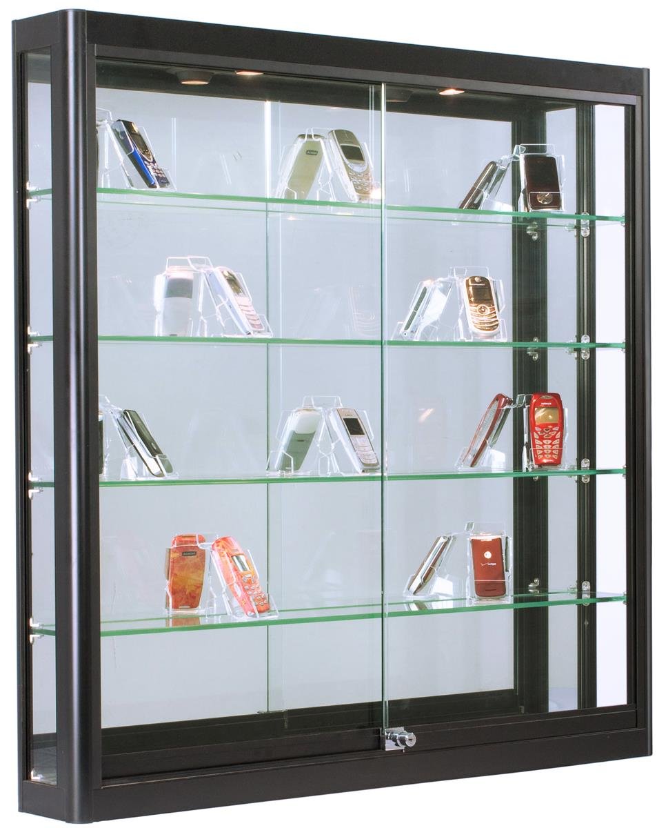 Displays2go Illuminated Showcase for Wall Mount, LED Top Lighting, 4 Tempered Glass Shelves β Black (WC396LEDB)