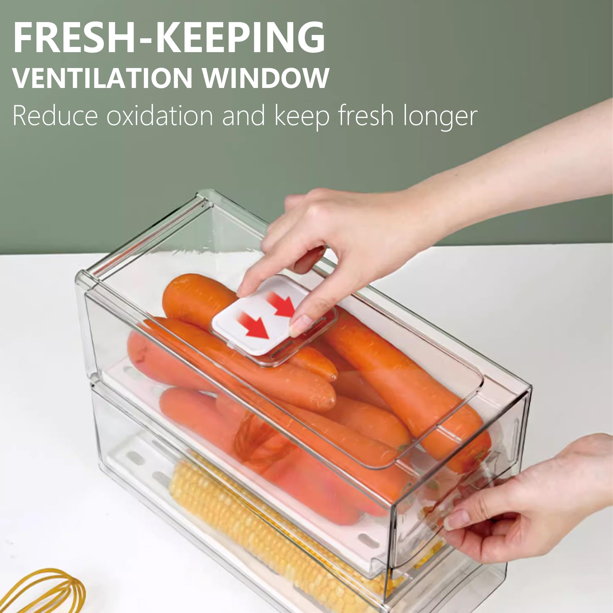 bealy 2 pack Refrigerator Organizing Bins with Drain Board Stackable Refrigerator Organizer Bins, Reusable Food Storage Containers, Fridge Drawer Organizer,Kitchen,Produce,Fruit,Vegetable