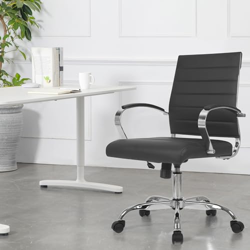 LANDSUN Home Office Chair Mid Back Desk Chair PU Leather Ribbed Executive Swivel Computer Chair with Wheels and Armrests Soft Padded Adjustable Height Conference Task Black