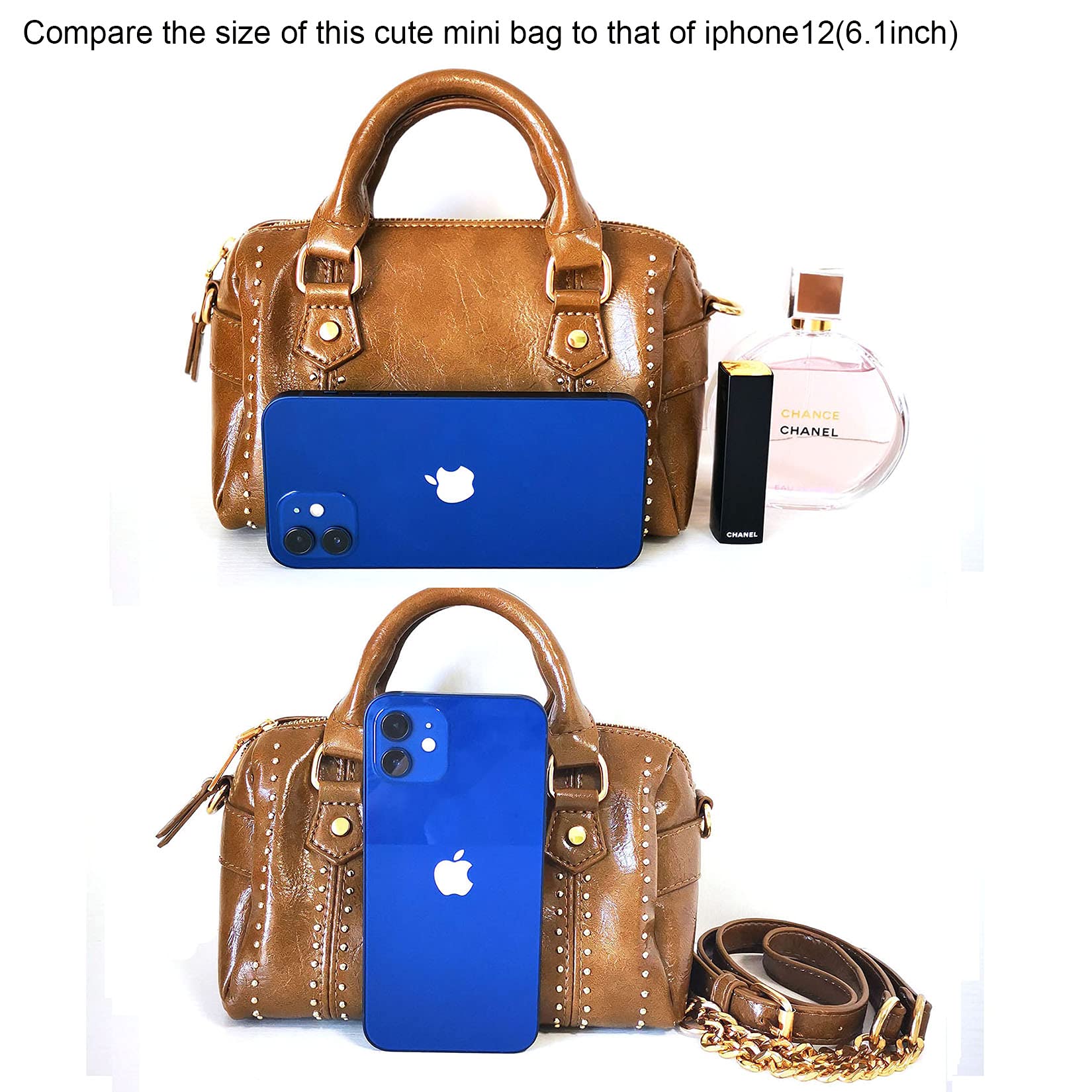 LUCSIS Women's rivets studded crossbody bag purse handbag small light weight cute mini bag PU leather (Coffee)