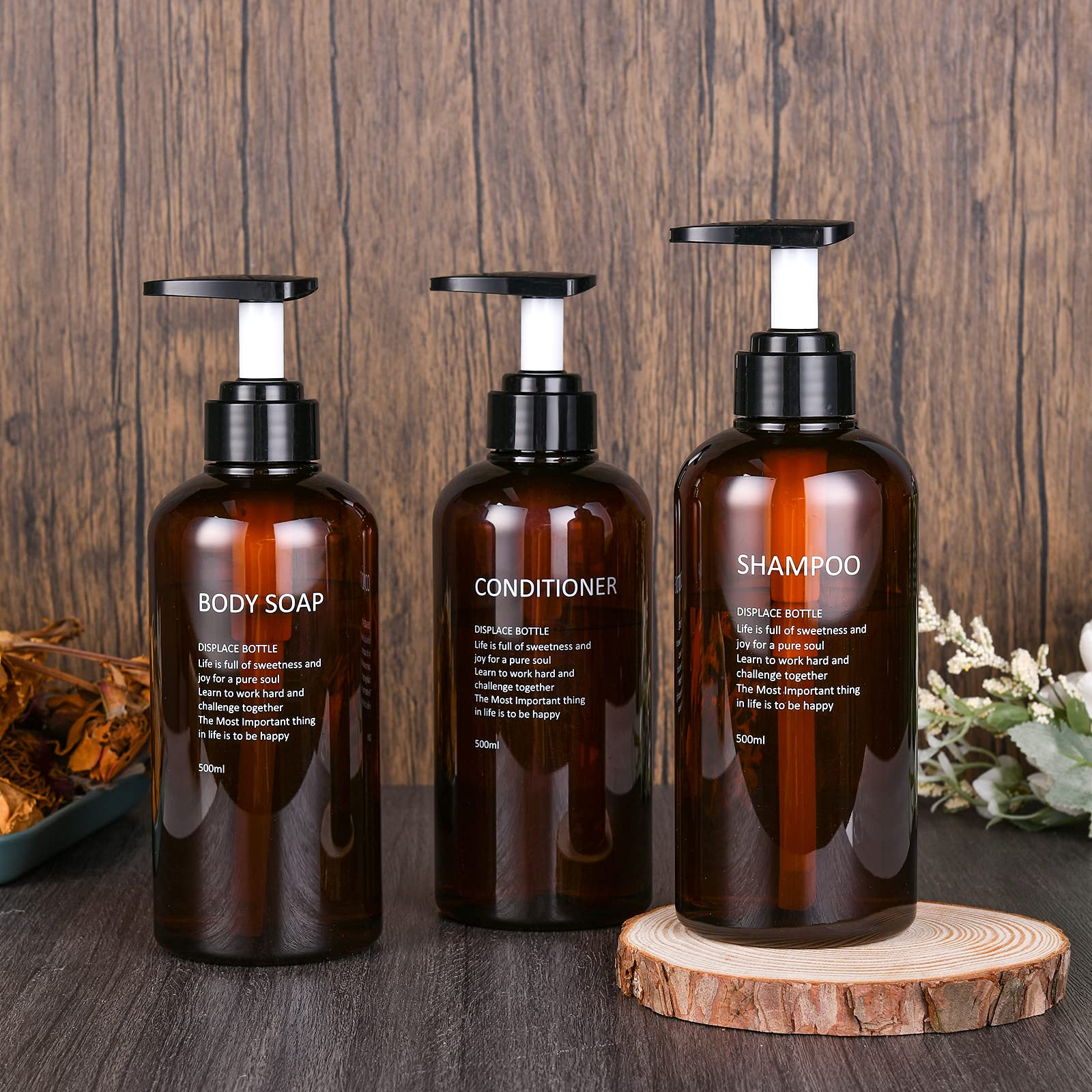 BasedFloor Shampoo and Conditioner Dispenser -3pcs 16.9oz/500ml Amber Plastic Empty Refillable Pump Lotion Bottle Containers Set for Bathroom Shower Body Wash