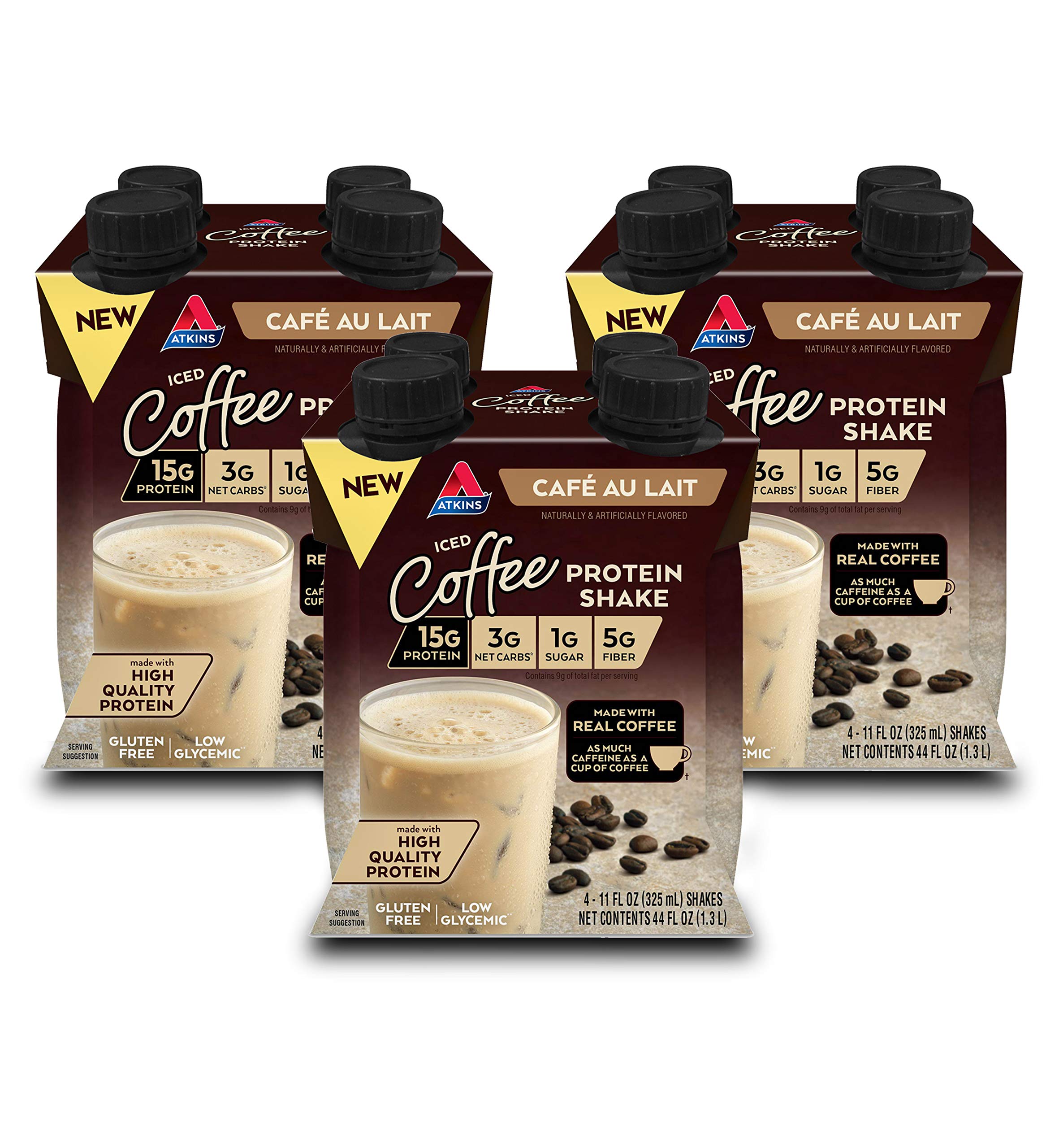 Atkins CafΓ© au Lait Iced Coffee Protein Shake, 15g Protein, Low Glycemic, 3g Net Carb, 1g Sugar, Keto Friendly, 12 Count