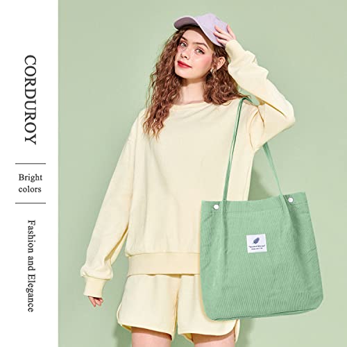 Corduroy Tote Bags for Women Girls, Large Capacity Reusable Grocery Shoulder Bag with Inner Pockets (Bean)…, Green