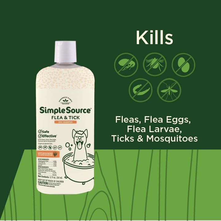SimpleSourceĀ® Flea & Tick Shampoo for Dogs, Powered by Plants, Kills Fleas, Flea Eggs, Flea Larvae, & Ticks, & Mosquitos, Cleans & Deodorizes, 12oz Bottle