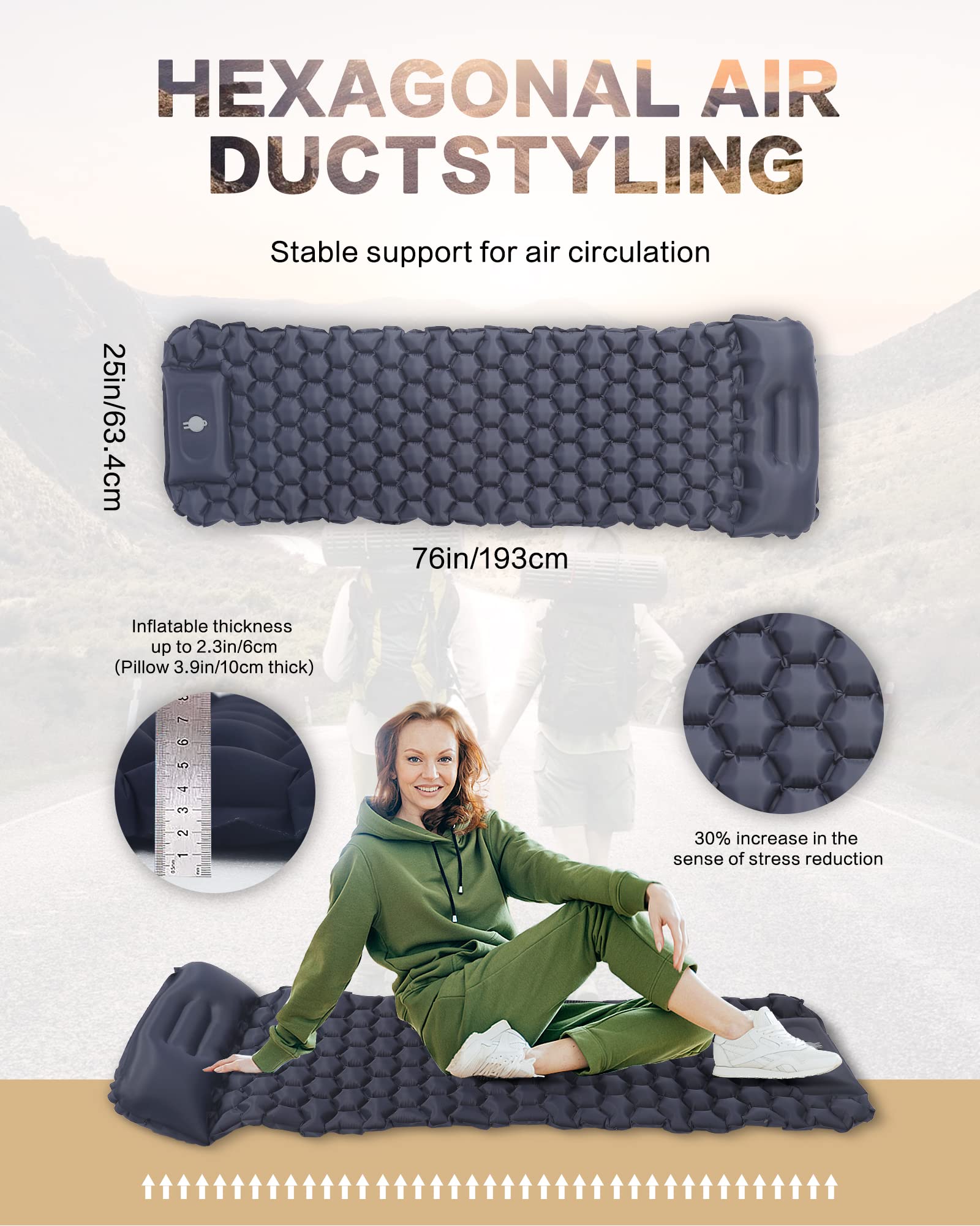 Biokia Sleeping Pad Lightweight Inflatable Sleeping Pad for Camping, 75''X25'', Backpacking Sleeping Pad,Air Mattress with Built in Pump, Carry Bag, Repair Kit - Compact & Lightweight Air Mattress