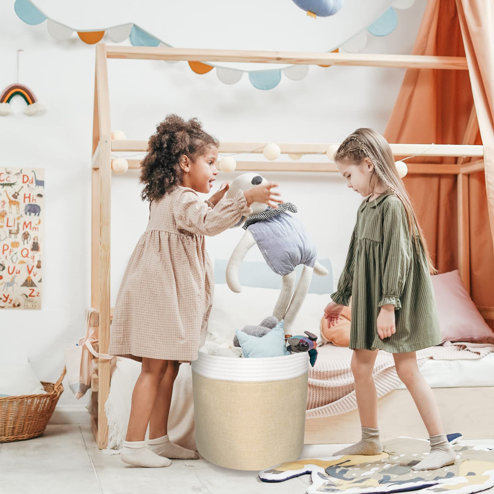 DSVENROLY 2Pcs Cotton Rope Storage Basket, 13.4" x 11.8" Linen Woven Baby Laundry Basket Blanket Baskets with Handles, Toy Nursery Storage Baskets Bin for Blankets Towels Pillows (Khaki)