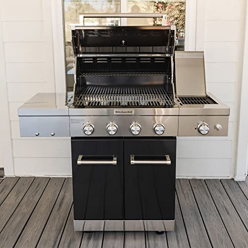 KitchenAid 720-0954L 4-Burner Stainless Steel Free Standing 55000 BTU Propane Gas Grill with Black Cabinet and Side Burner