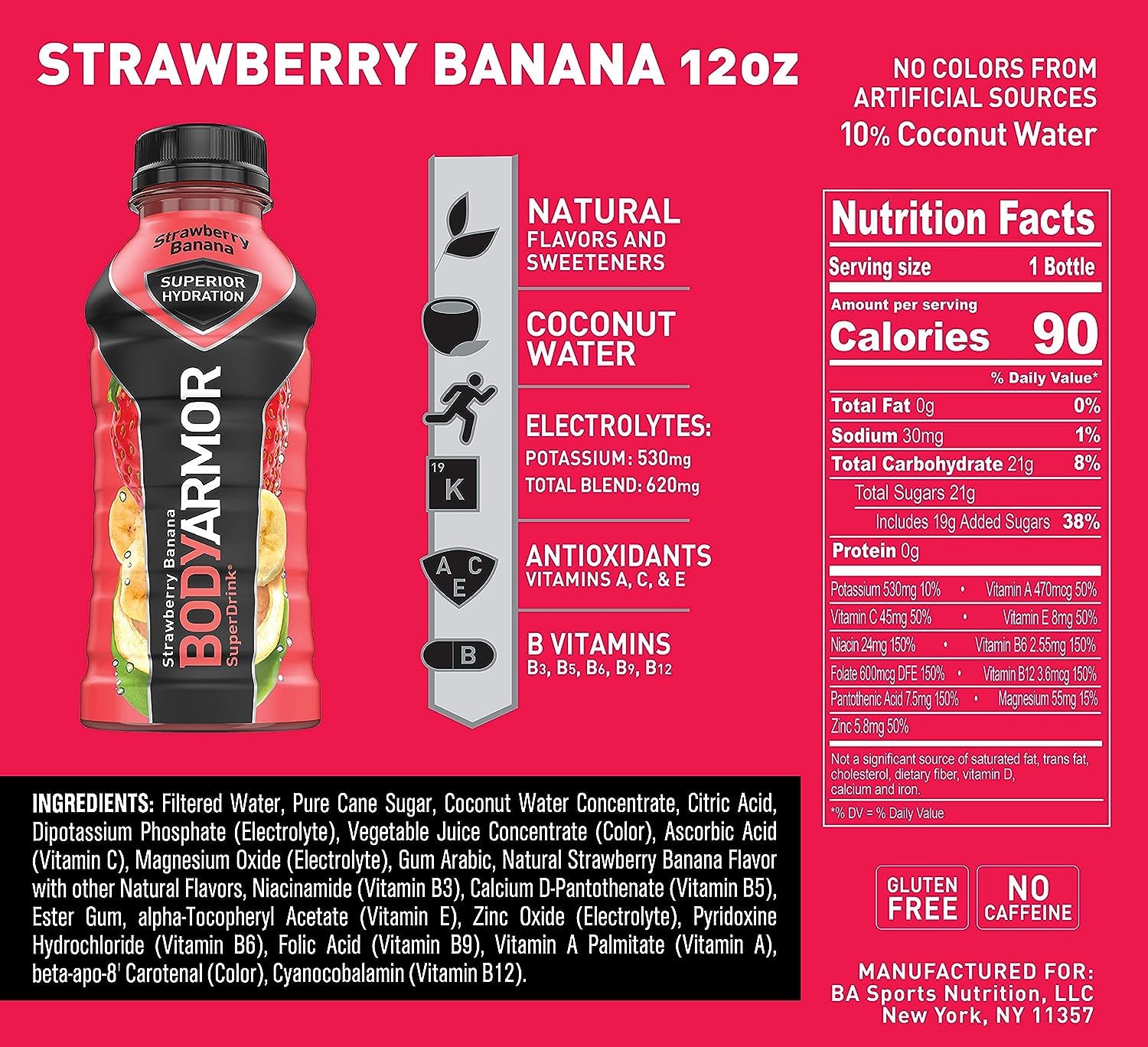 BODYARMOR Sports Drink Variety Pack, Coconut Water Hydration, Natural Flavors w Vitamins, Potassium Packed Electrolytes For Athletes, Strawberry Banana, Blue Raspberry, Orange Mango, 12 Oz - 24 pack
