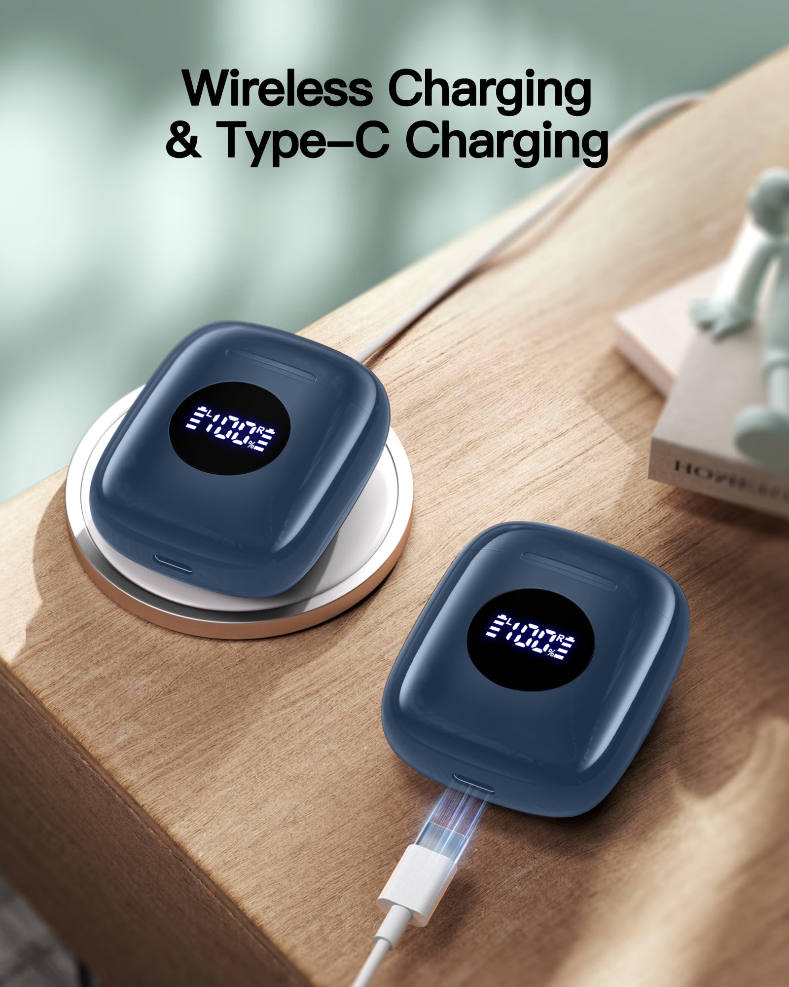 CAPOXO N7 Wireless Earbuds, Bluetooth Earbuds Headphones 78hrs Long Lasting Earphones IPX7 Waterproof Headset with Wireless Charging Case & Built-in Stereo Mic for Android iOS, Blue