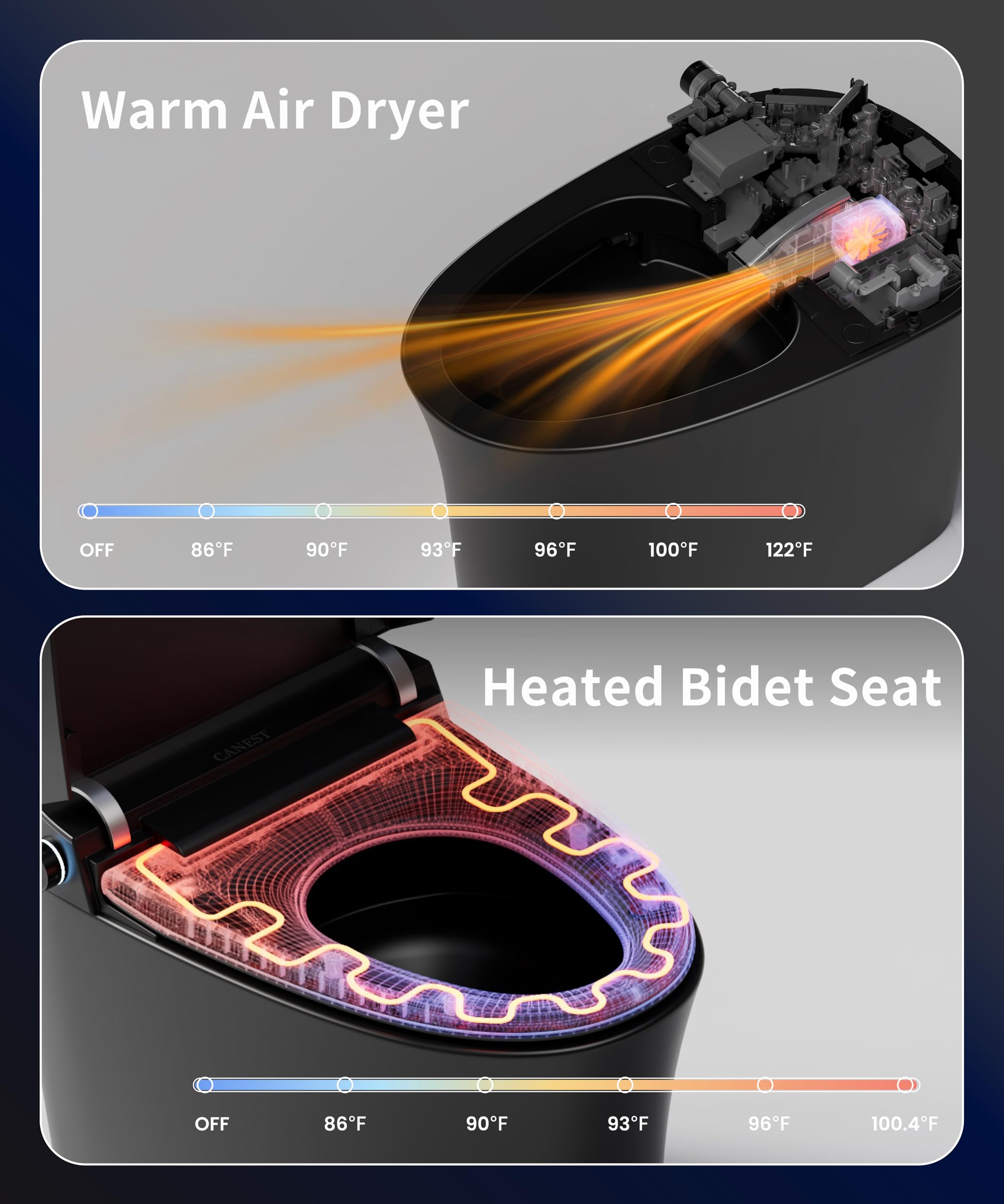 CANEST Black Smart Toilet with Pump-assisted Flush, Auto Open/Close Lid, Smart Bidet Toilet, Foot Sensor, Heated Seat, Warm Dryer, Temperature Display, Night Light (TC-200BG)