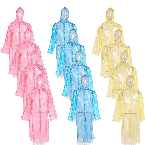 AYWVRBST 12 Pack Disposable Clear Rain Ponchos with Hood for Adults,51.1 Inches Emergency Raincoats for Camping Hiking Traveling (Red, Yellow, Blue)