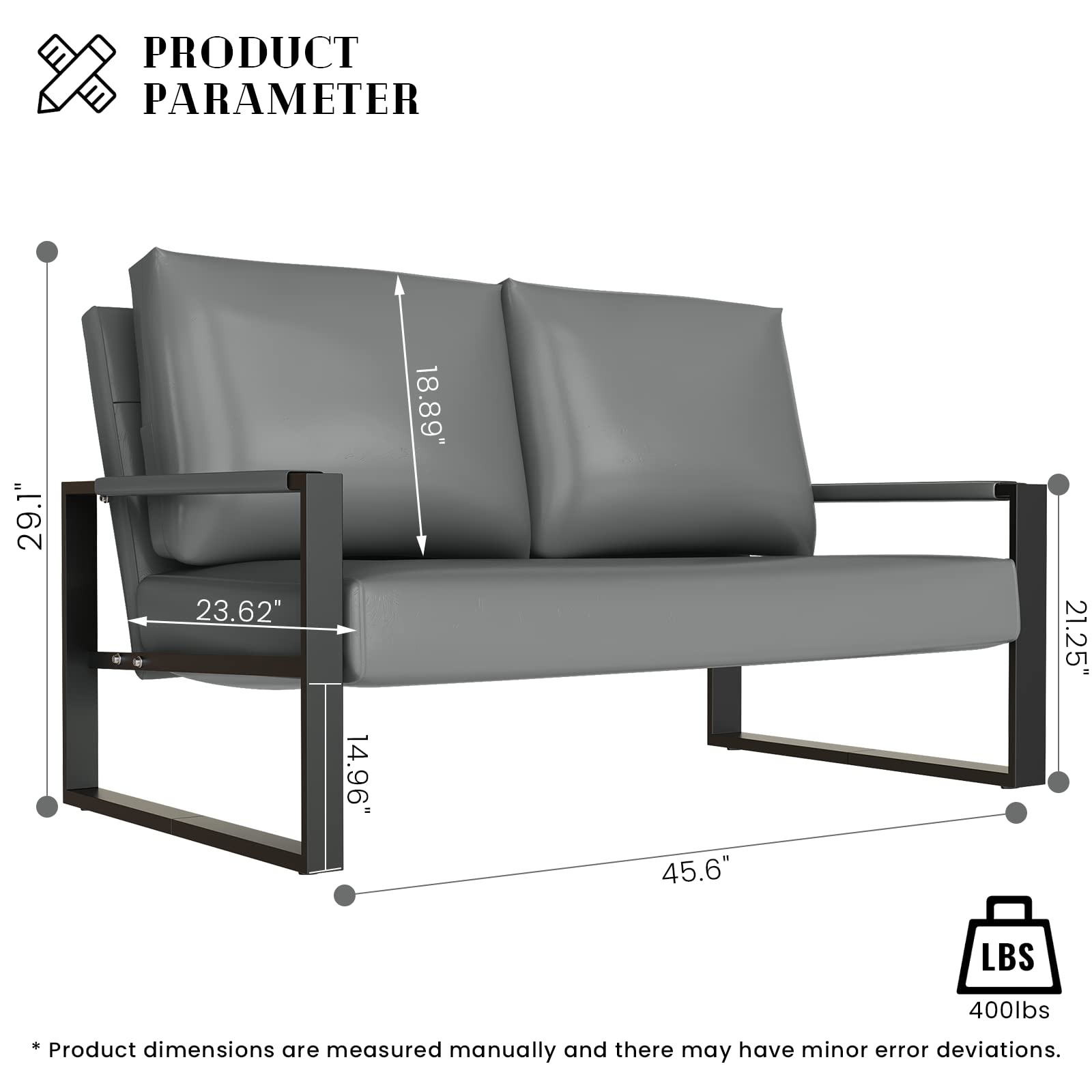 DKLGG Mid-Century Loveseats Sofa Couch, Faux Solid Leather Loveseat Sofa, Upholstered Faux Leather Couch 2-Seat Metal Armchair, Lounge Accent Chair for Living Room, Small Space, Studio, Apartment