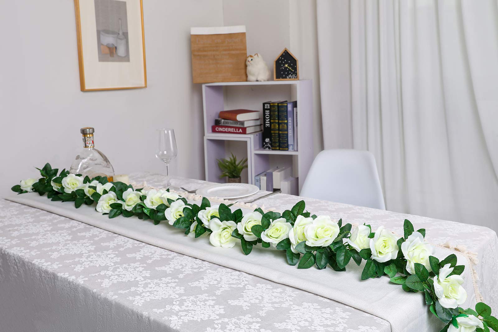 Luyue 2Pack-15ft Fake Rose Vine Garland Artificial Flower Vines Arch Floral Hanging Garlands Decoration Silk Roses for Home Wedding-White