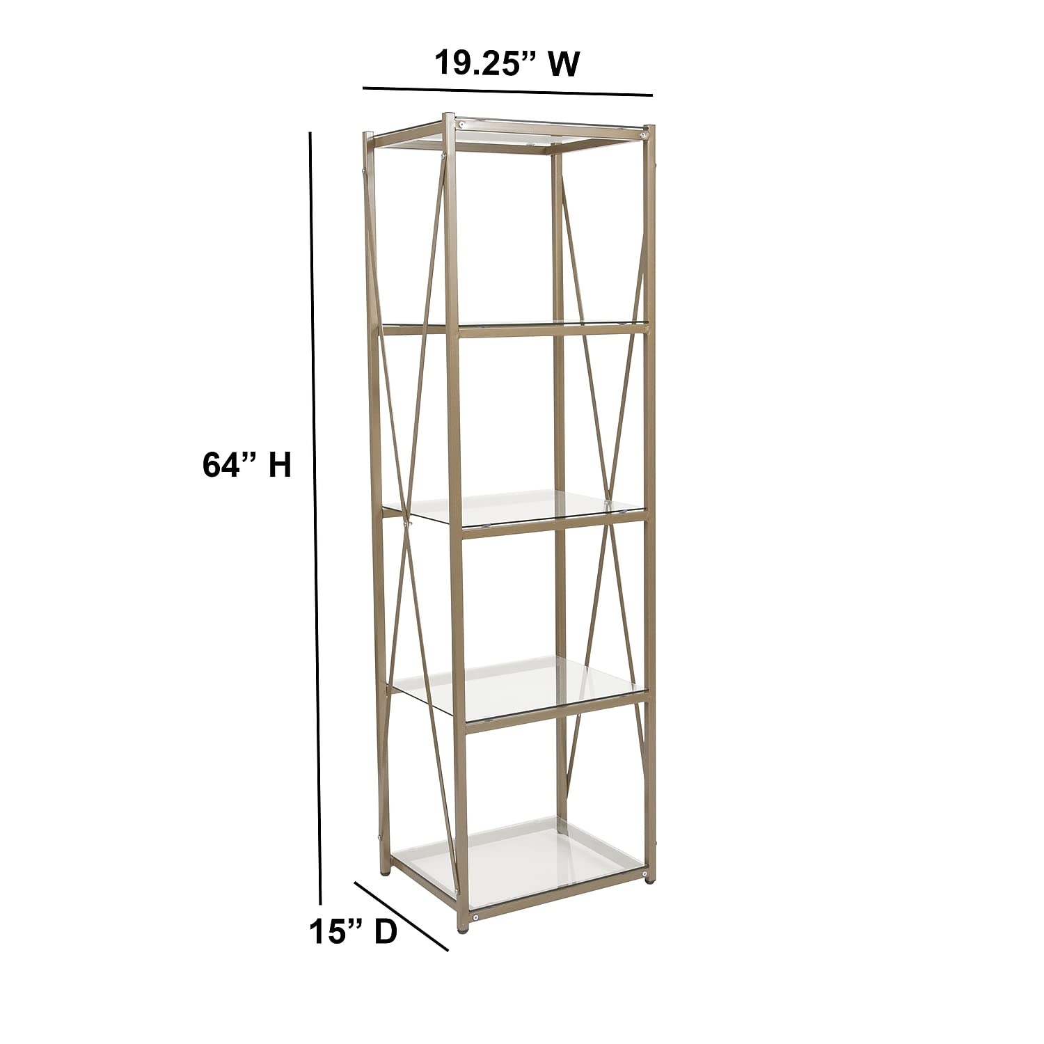 Flash Furniture Mar Vista Collection 4 Shelf 64"H Cross Brace Glass Bookcase in Matte Gold