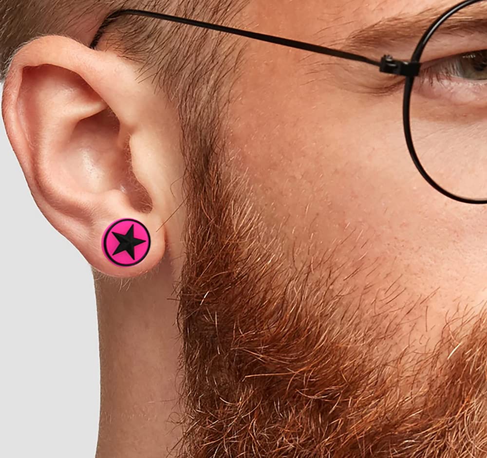 AtoZ Piercing 3/4 Inch - 20MM Embossed Black Star in Circle on Pink Soft And Flexible Silicone Double Flared Ear Plug - Sold by Piece