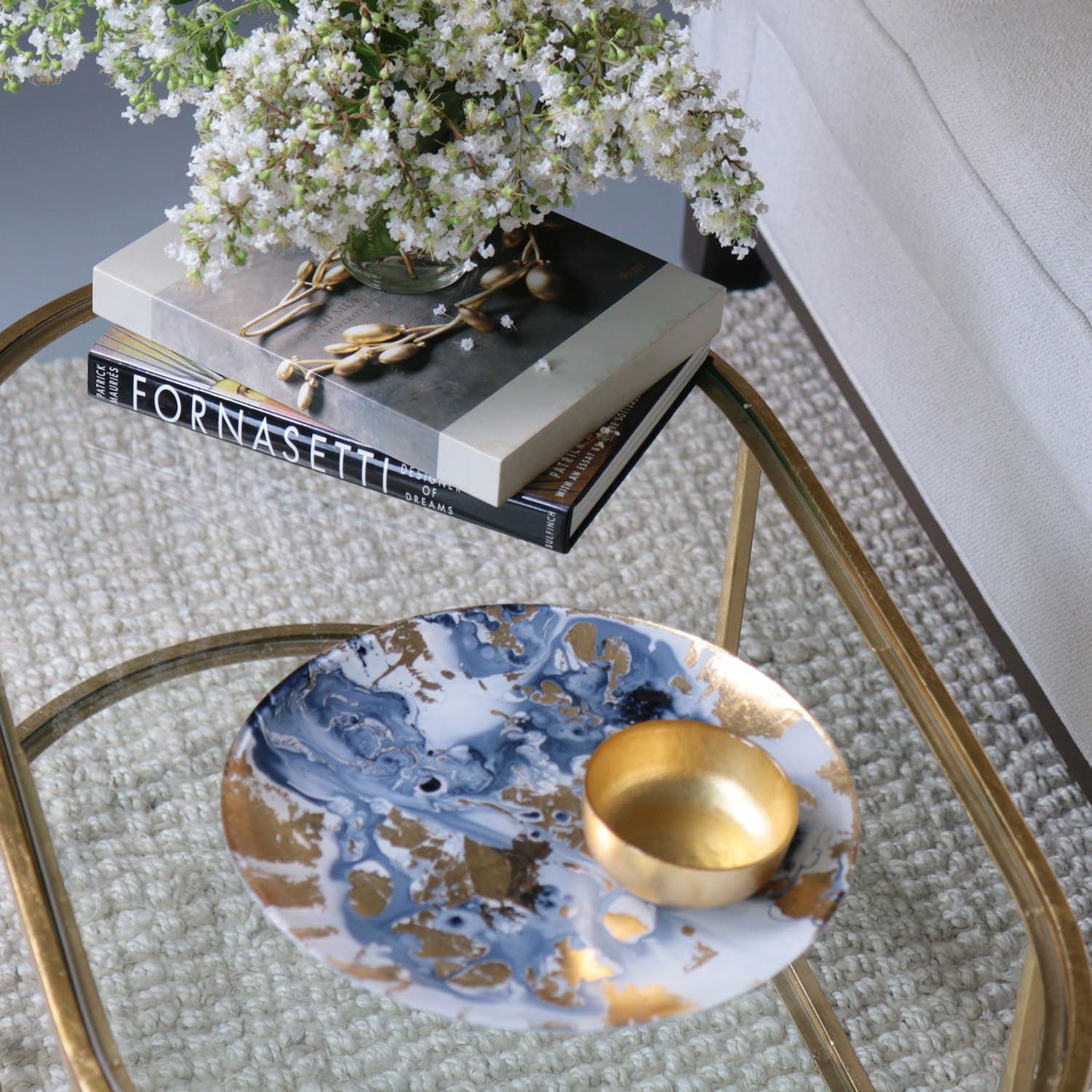 Beatriz Ball GLASS New Orleans Large Round Painted Platter (Blue & Gold)