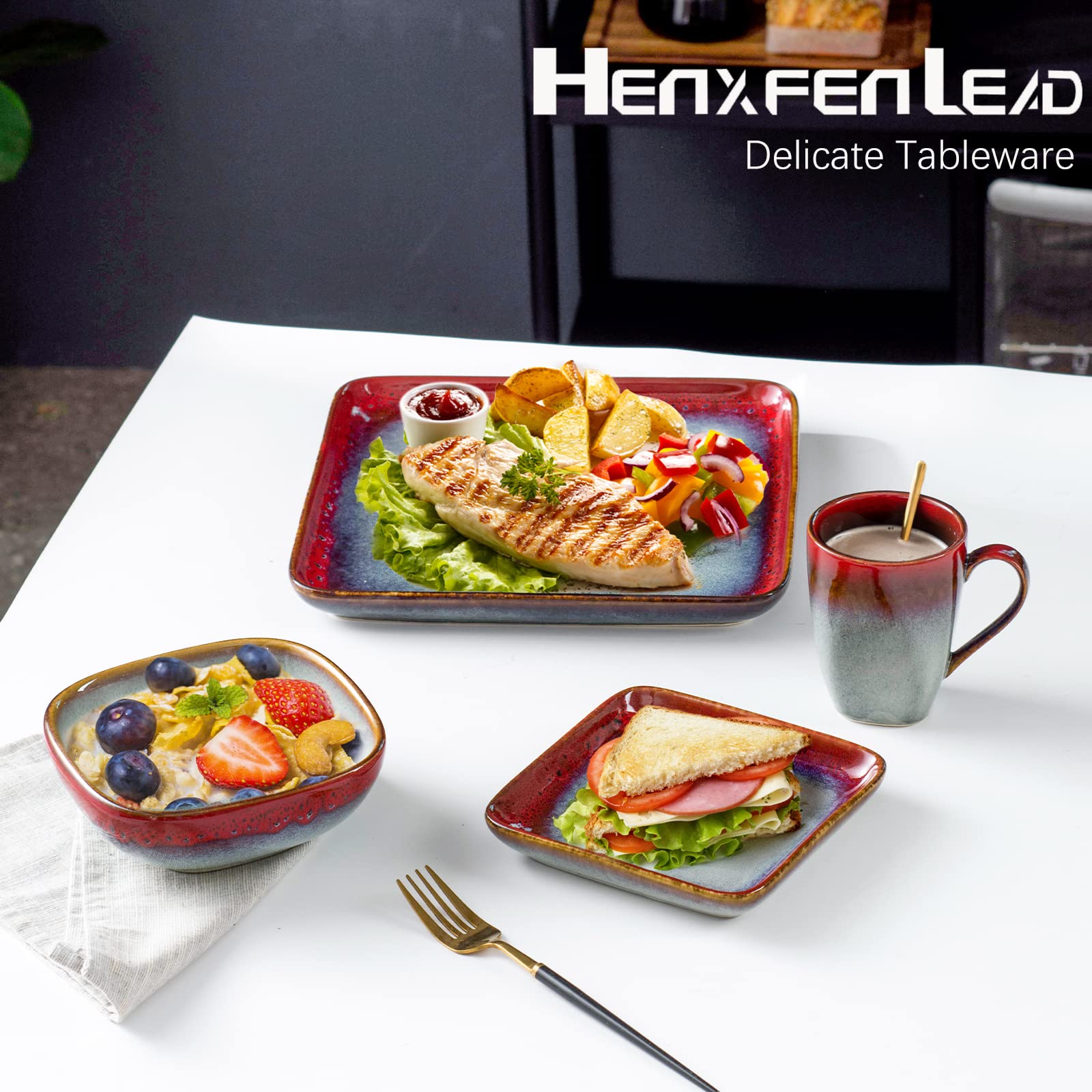 Ceramic Square Plate Sets - Dessert, Appetizer, Snack, Small Dinner Plate Scratch Resistant, Porcelain Serving Side Dish 6.3 Inch Microwave & Oven, Dishwasher Safe - Set of 4, Reactive Red