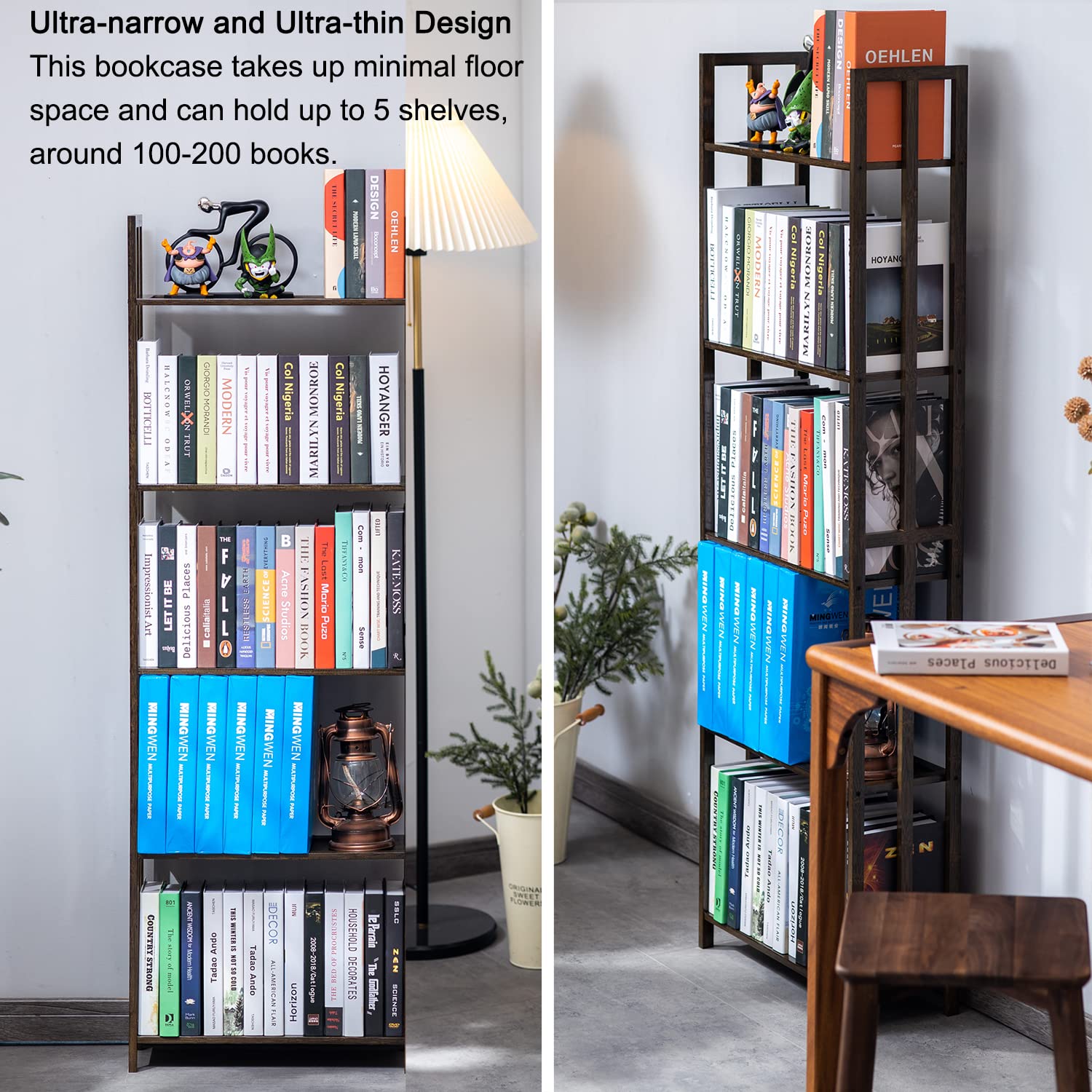 COPREE 5 Tier Rolling Bookcase, Bamboo 360 Rotating Bookshelf, Freestanding Storage Organizer Holder Book Rack with Wheels for Bedroom, Living Room Home and Office