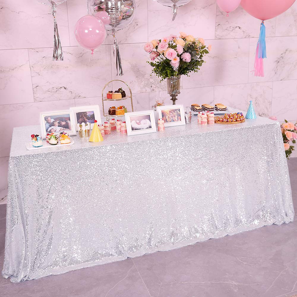 Blxsif Glitter Silver Sequin Tablecloth - Rectangle 55x80in Shimmer Silver Table Cover for Party Wedding Birthday Christmas Sparkly Table Cloth Linen