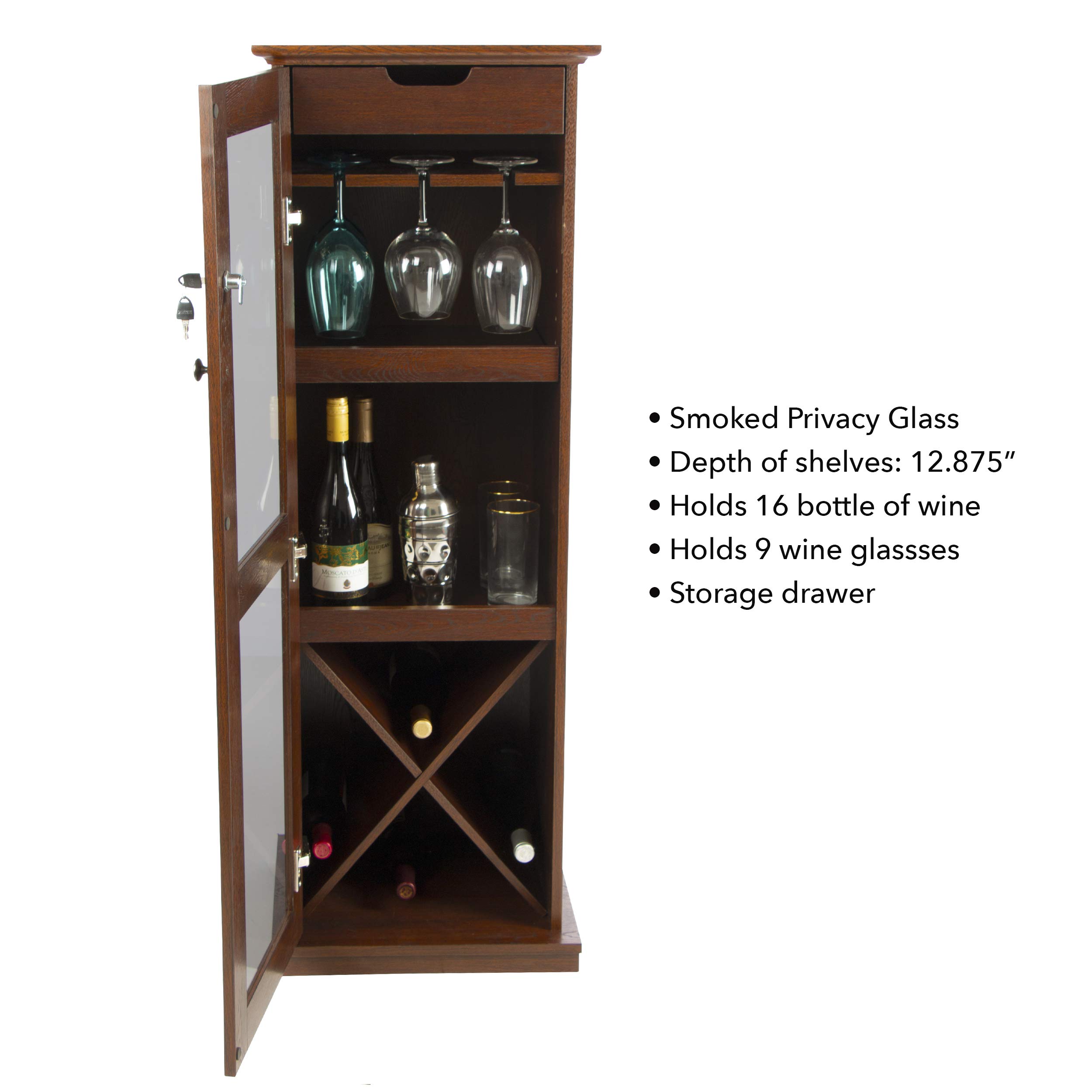 Atlantic Herrin Bar Cabinet, Tempered Glass Lockable Door, European Hidden Hinges, Storage for 9 Wine Glasses & 16 Bottles of Wine, Accessory Drawer & Liquor Storage, PN 38408116 β Textured Chestnut