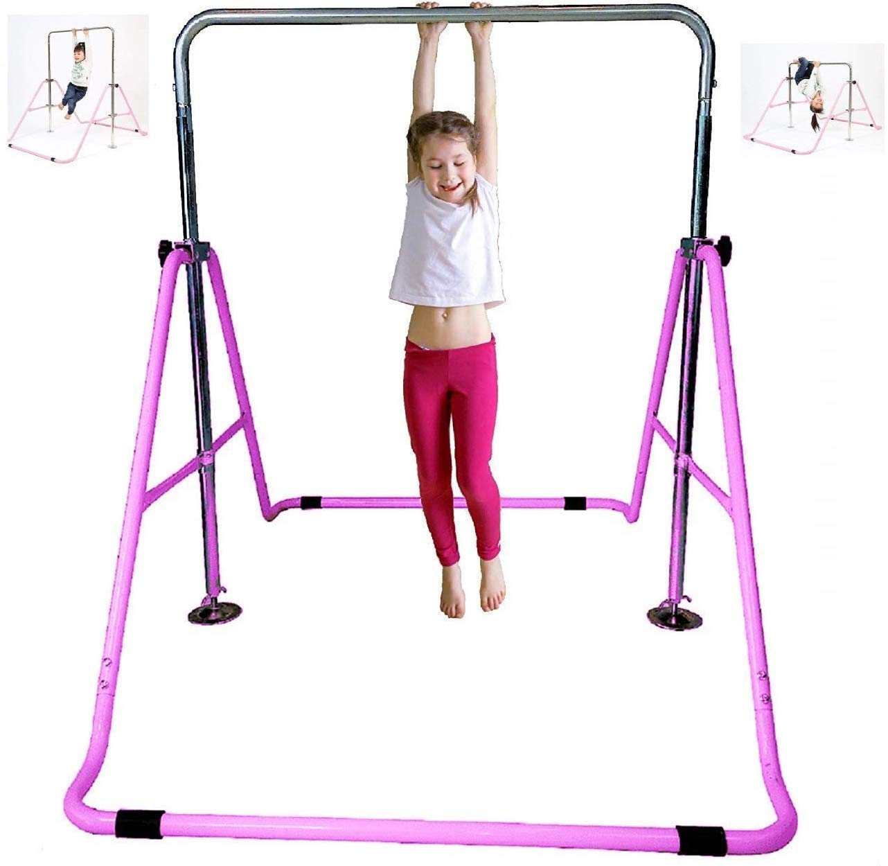 Athletic Bar Kids Gymnastics Bar Horizontal Kip Bar + 2x6 Tri Fold Mat Junior Training Adjustable Expandable Height Jungle Gym Monkey Bars Climb Tower Playground Gymnasts + Stretch Band (Pink)
