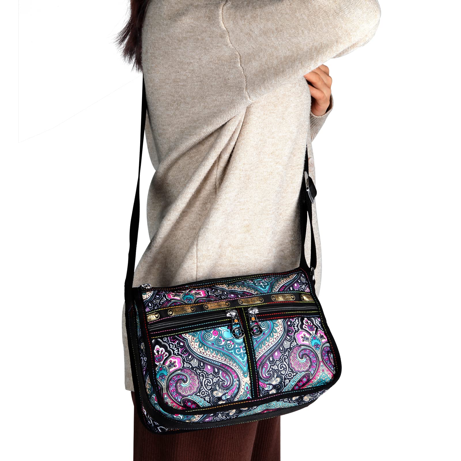 Oudduo Women Lady Shoulder Bag Mandala Black Nylon Crossbody Bag Casual Crossbody Bag Multiple Compartments