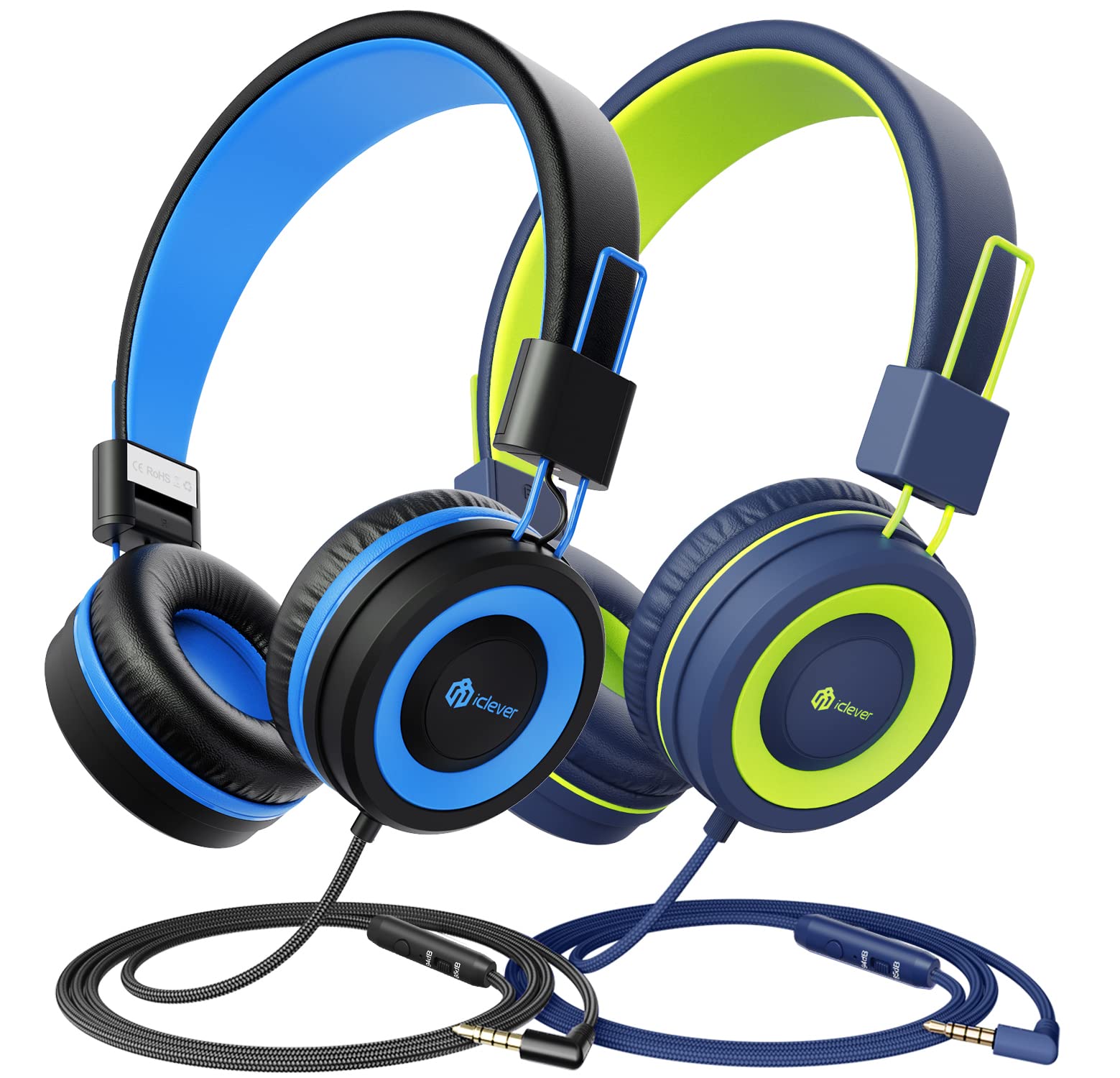 iClever [2 Pack] Kids Headphones with Microphone for Online Schooling - Safe Volume Limited 85dB/94dB, Adjustable Foldable Headphones for Girls/Boys/Airplane/Computer/Laptop